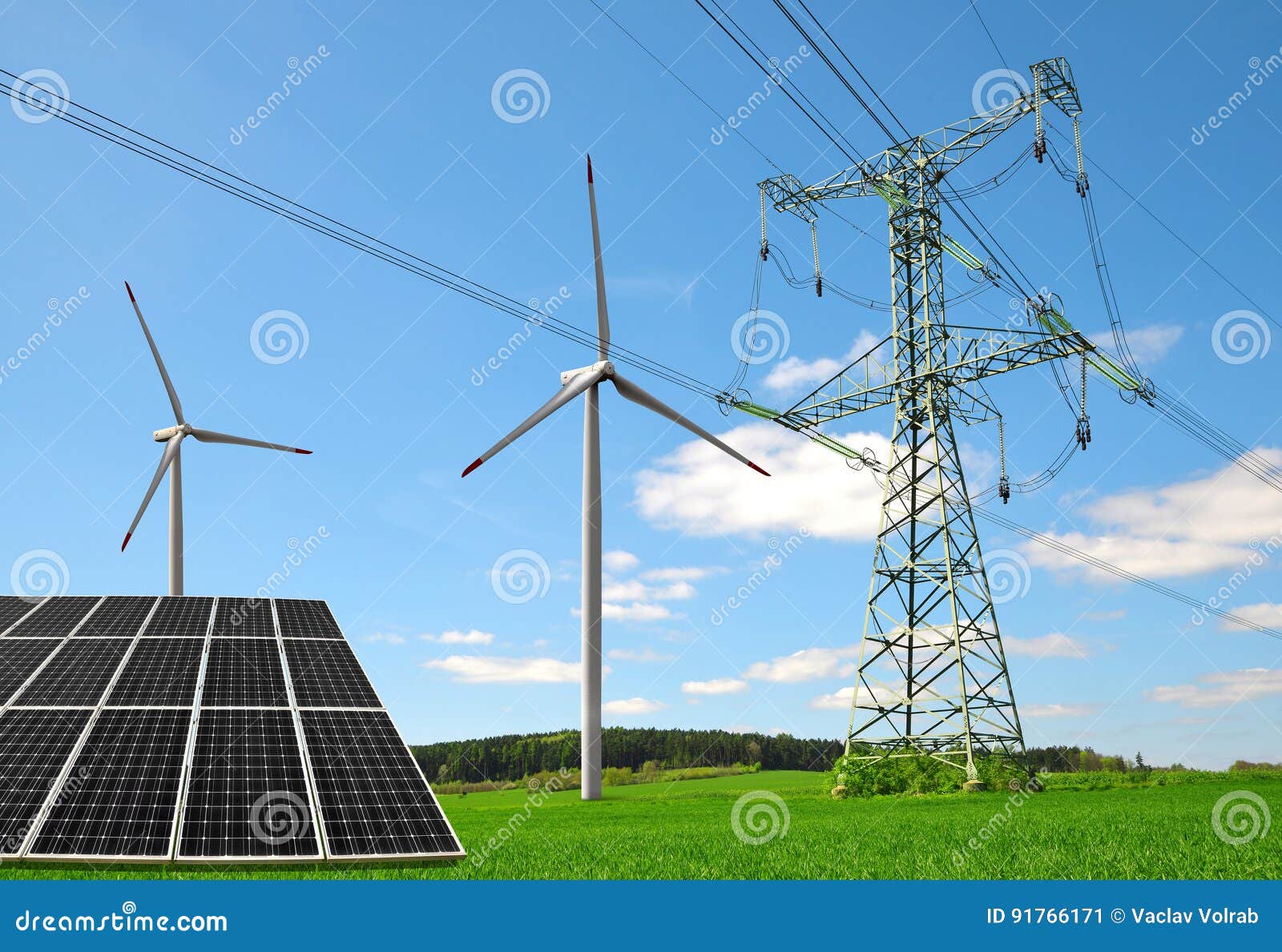 Solar Panel with Wind Turbines and Electricity Pylon on Meadow. Stock ...