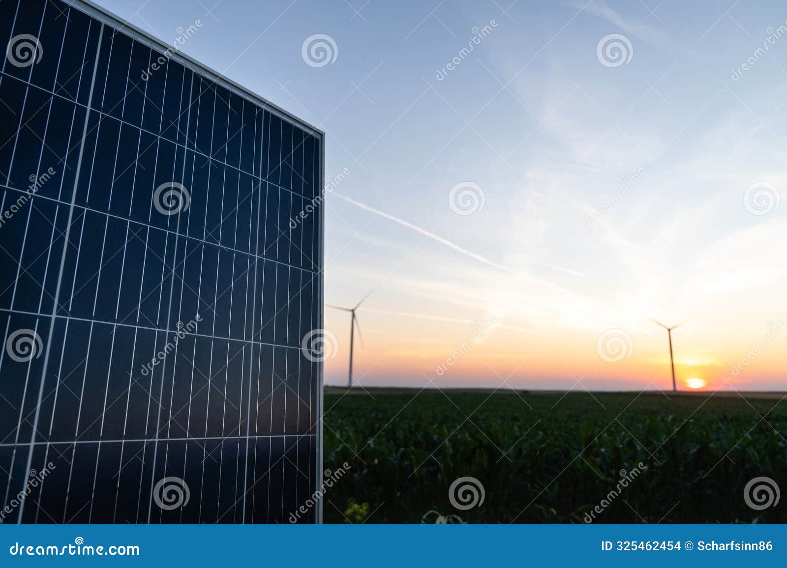 Solar Panel and Wind Turbines at Sunset Stock Photo - Image of energy ...