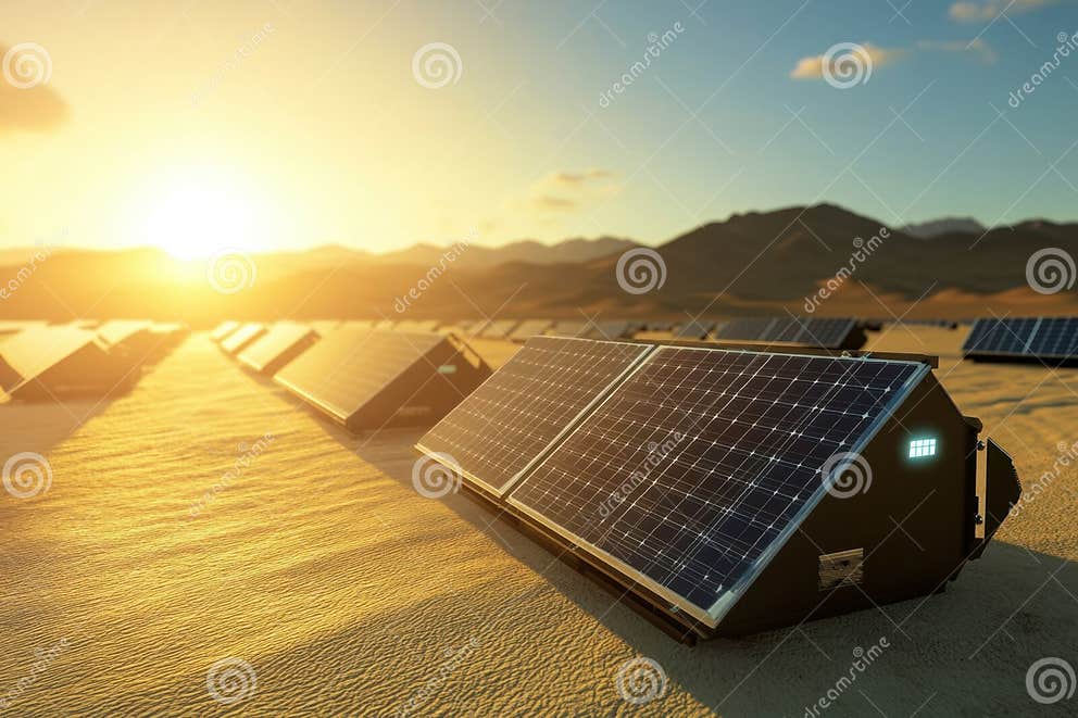 Solar Panels Absorb Sunlight in a Desert Landscape during Sunset Stock ...