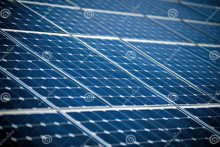 Solar Panels Arrayed in Grid Pattern with Blue Sky Reflection and ...
