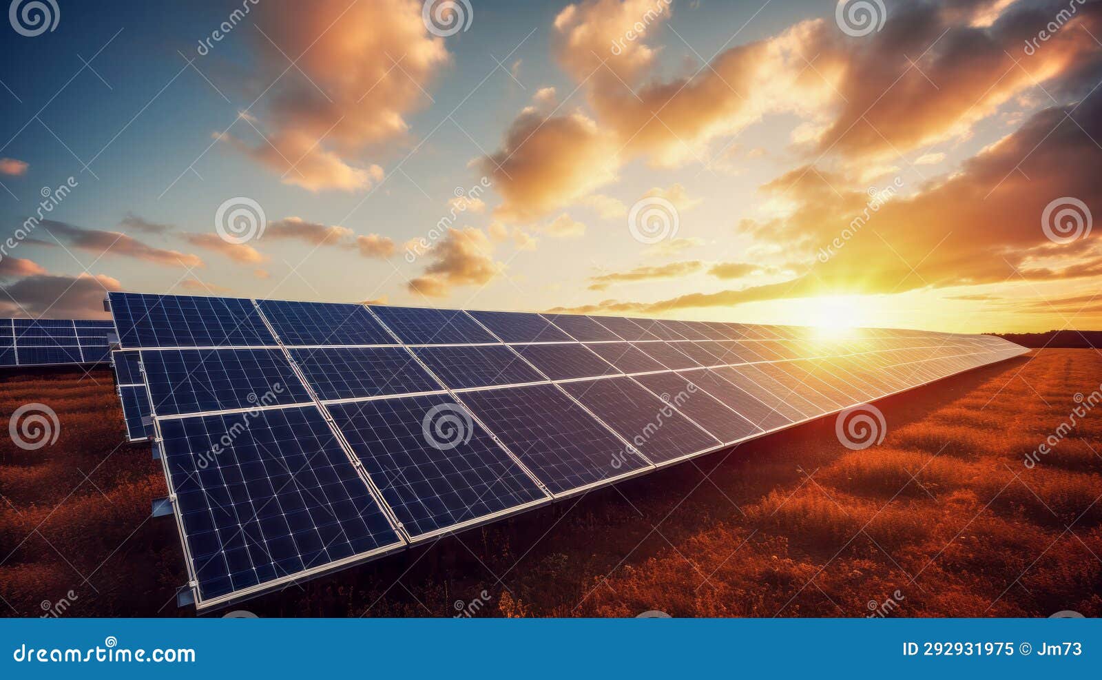 Solar Panels in Autumn Landscape at Sunset Stock Illustration ...