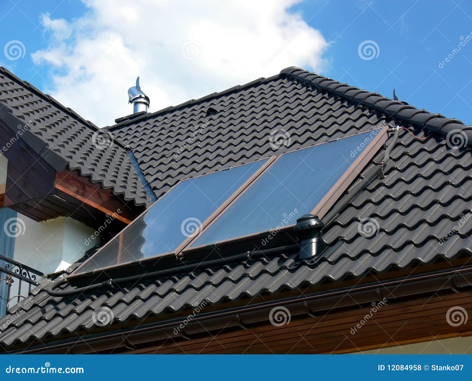 Solar panels on black roof stock photo. Image of detail - 12084958
