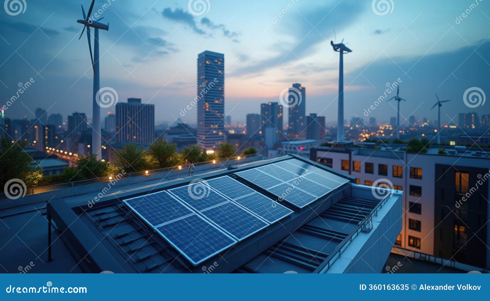 Solar Panels Capture Sunlight on a Rooftop while Wind Turbines Spin in ...