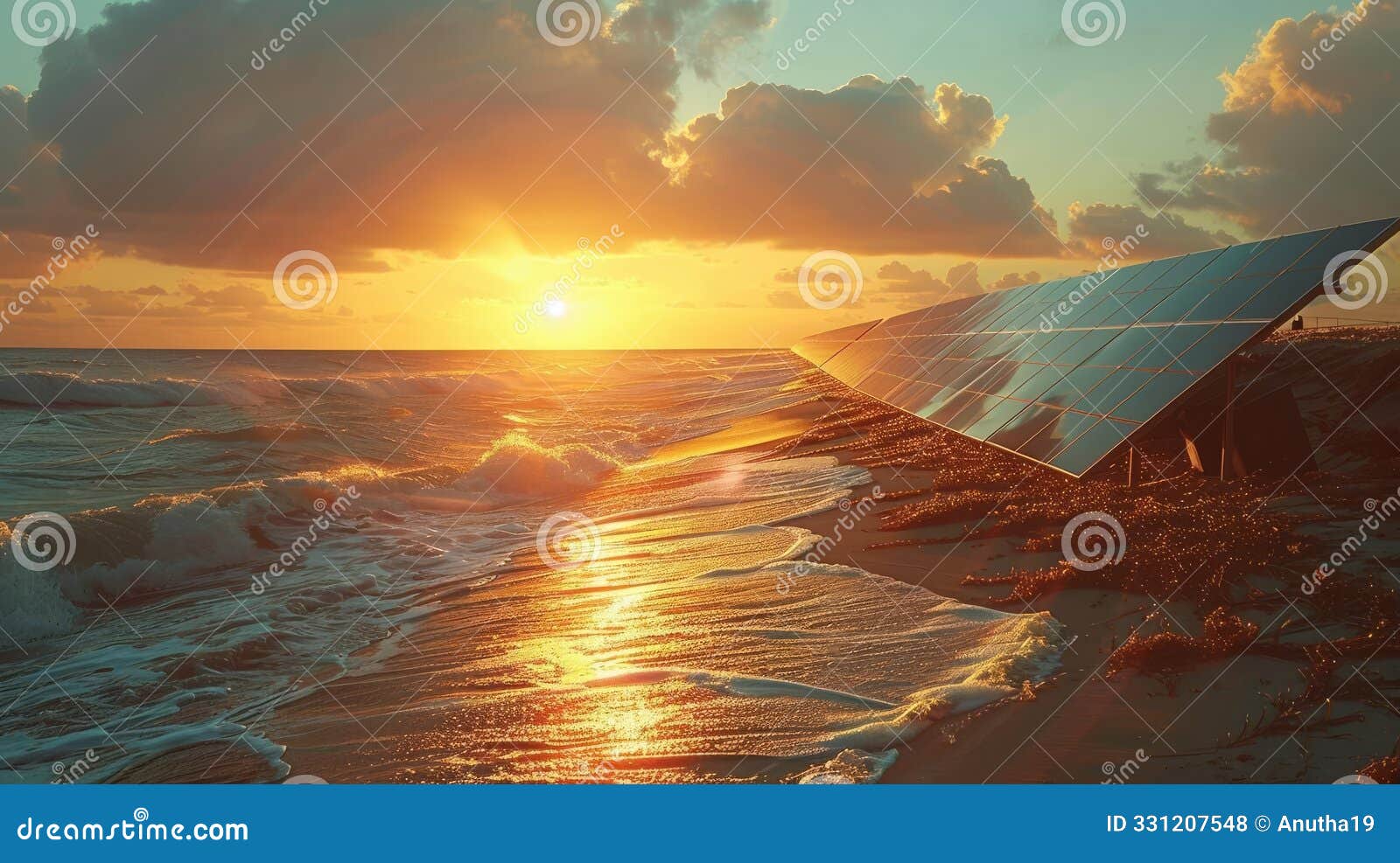 Solar Panels on Coastal Beach at Vibrant Sunset with Dramatic Sky Stock ...