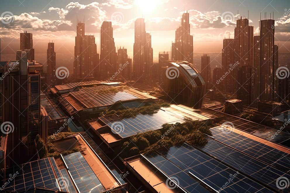 Solar Panels Covering Skyscraper Rooftops Stock Photo - Image of clean ...