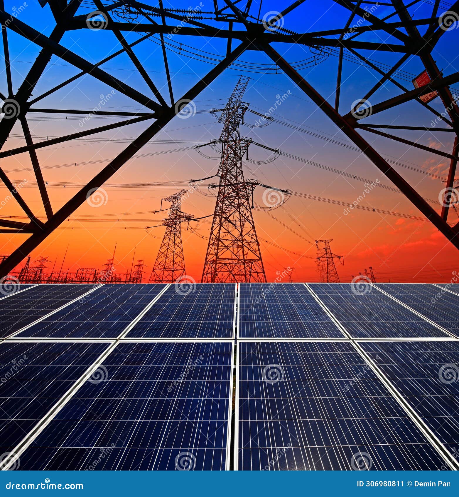 Solar Panels and Electrical Towers, Power Equipment Stock Image - Image ...