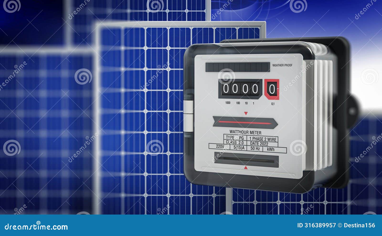 Solar Panels and Electricity Meter on Blue Background. 3D Illustration ...