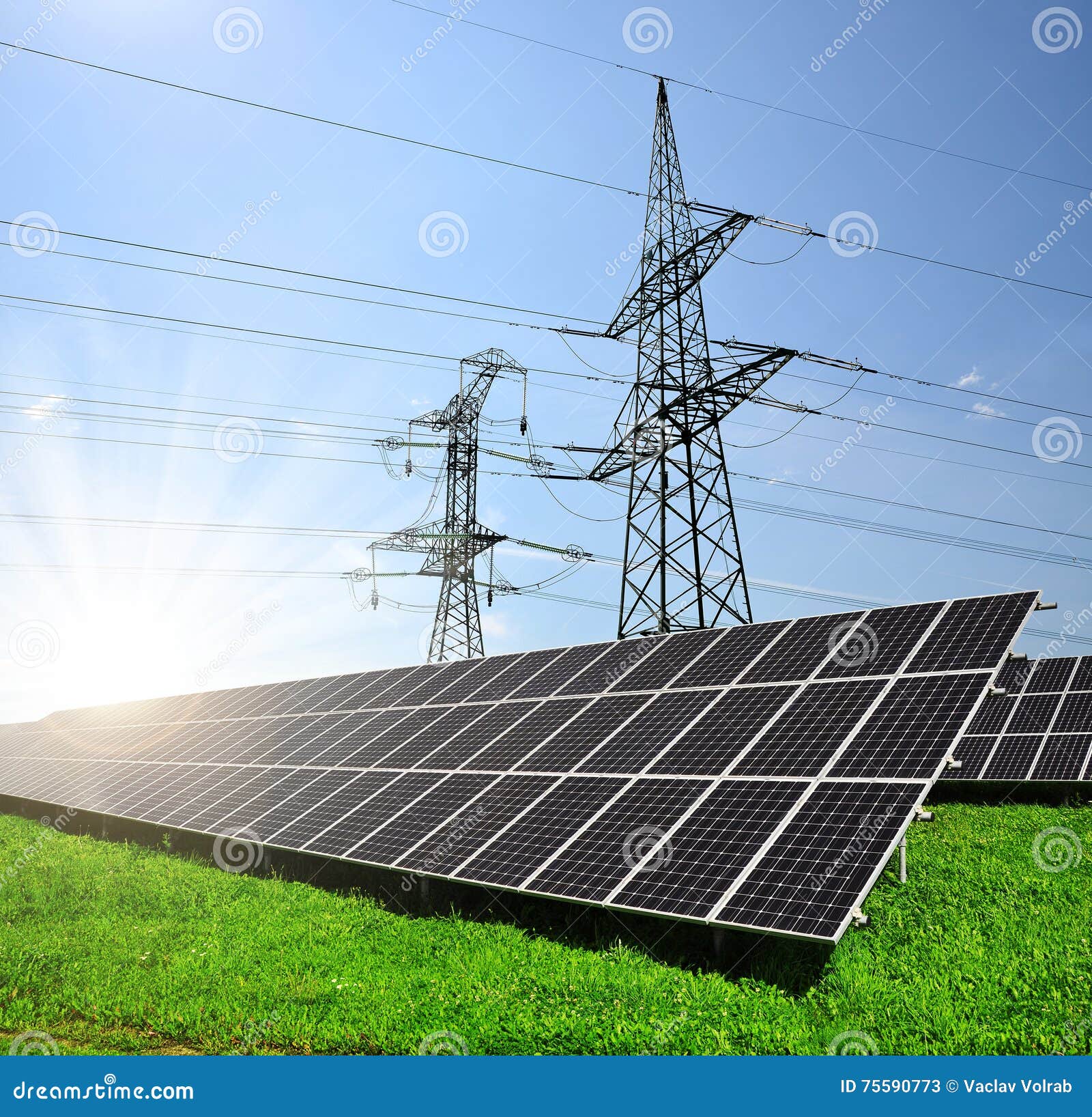 Solar Panels with Electricity Pylons. Stock Image - Image of ecology ...