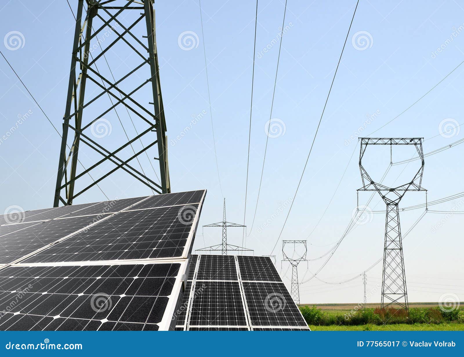 Solar Panels with Electricity Pylons. Stock Image - Image of industry ...