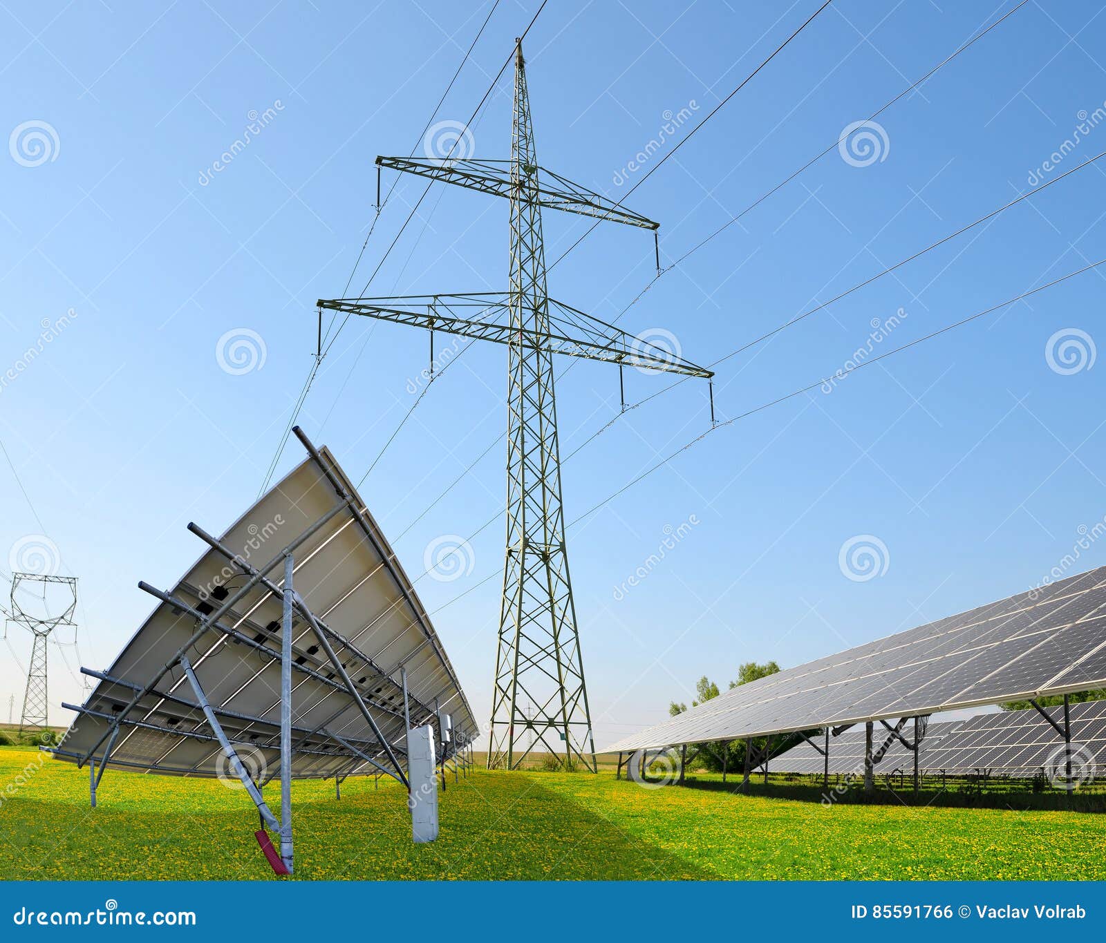 Solar Panels with Electricity Pylons. Stock Photo - Image of energetic ...