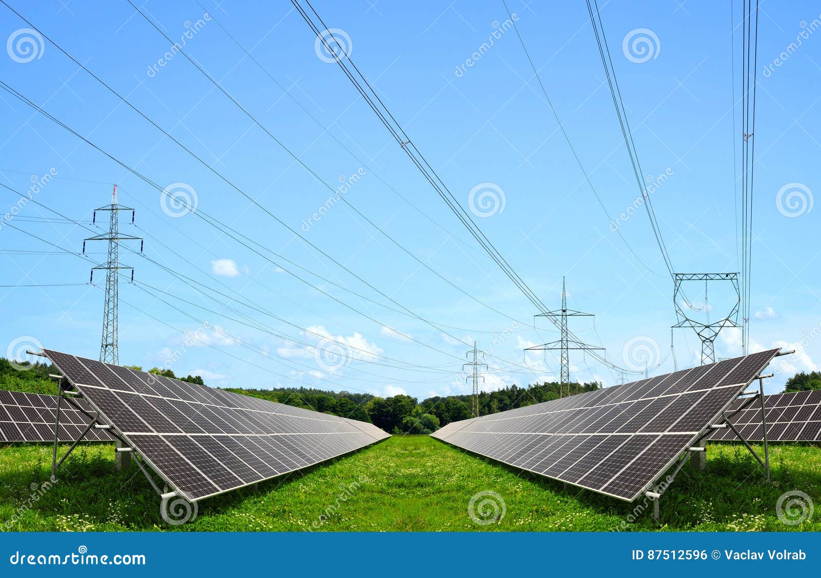 Solar Panels with Electricity Pylons. Stock Photo - Image of landscape ...