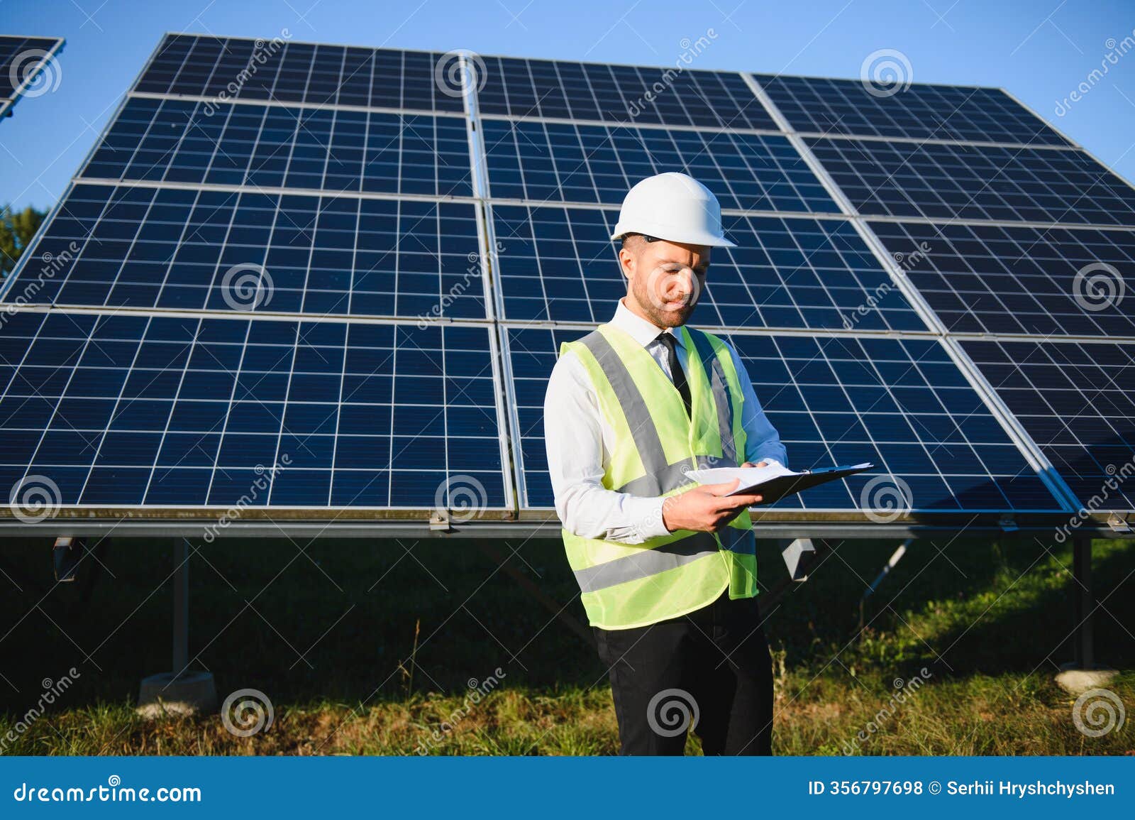 Solar Panels. Engineer Man on Solar Power Station Stock Photo - Image ...
