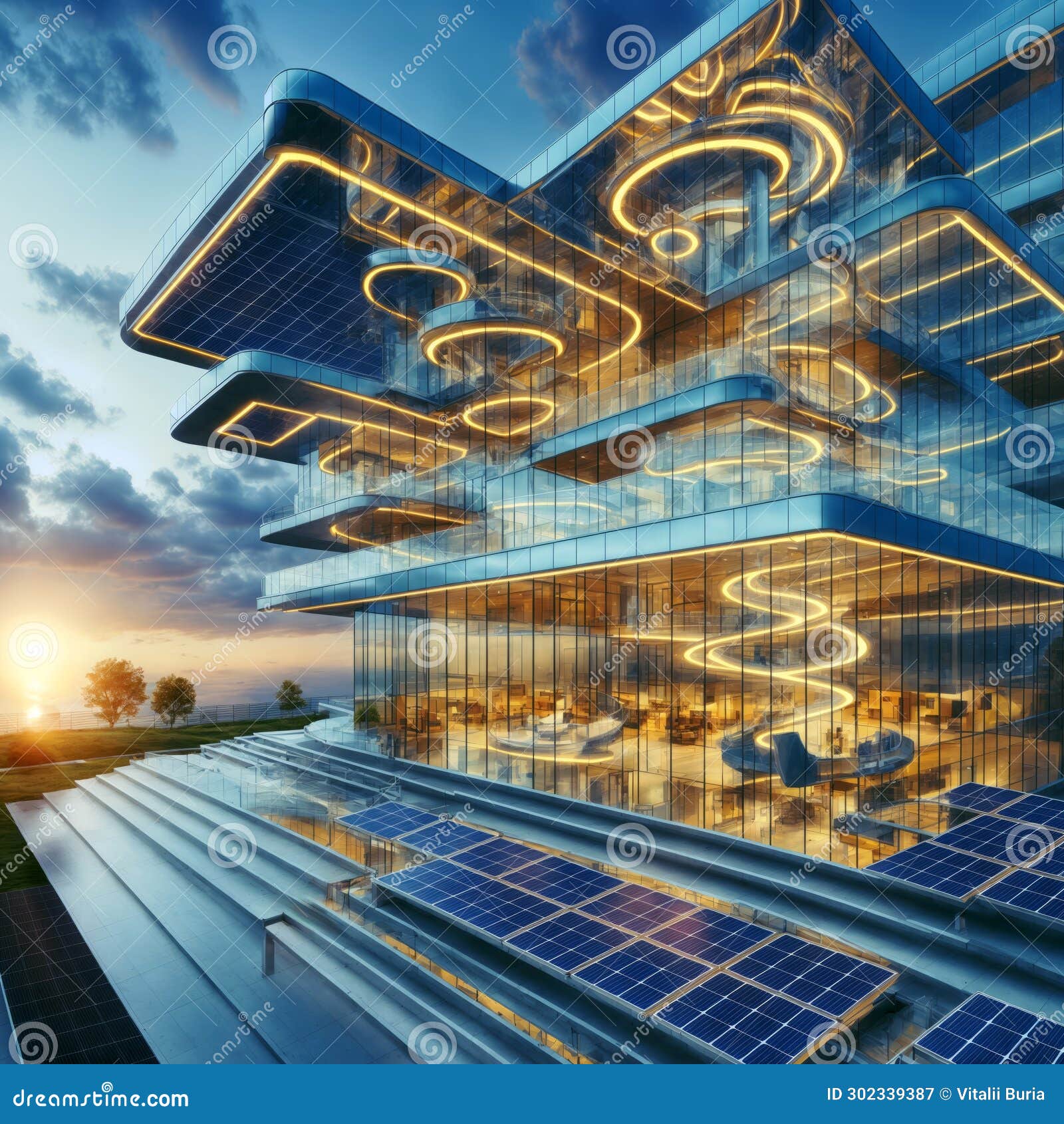 Solar Panels on the Facade of a Modern Office Building. 3D Rendering ...