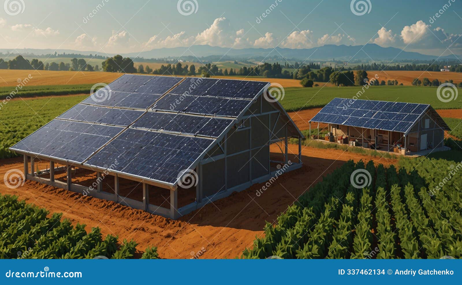 Solar Panels on Farm Structures in Lush Green Fields with Rolling Hills ...