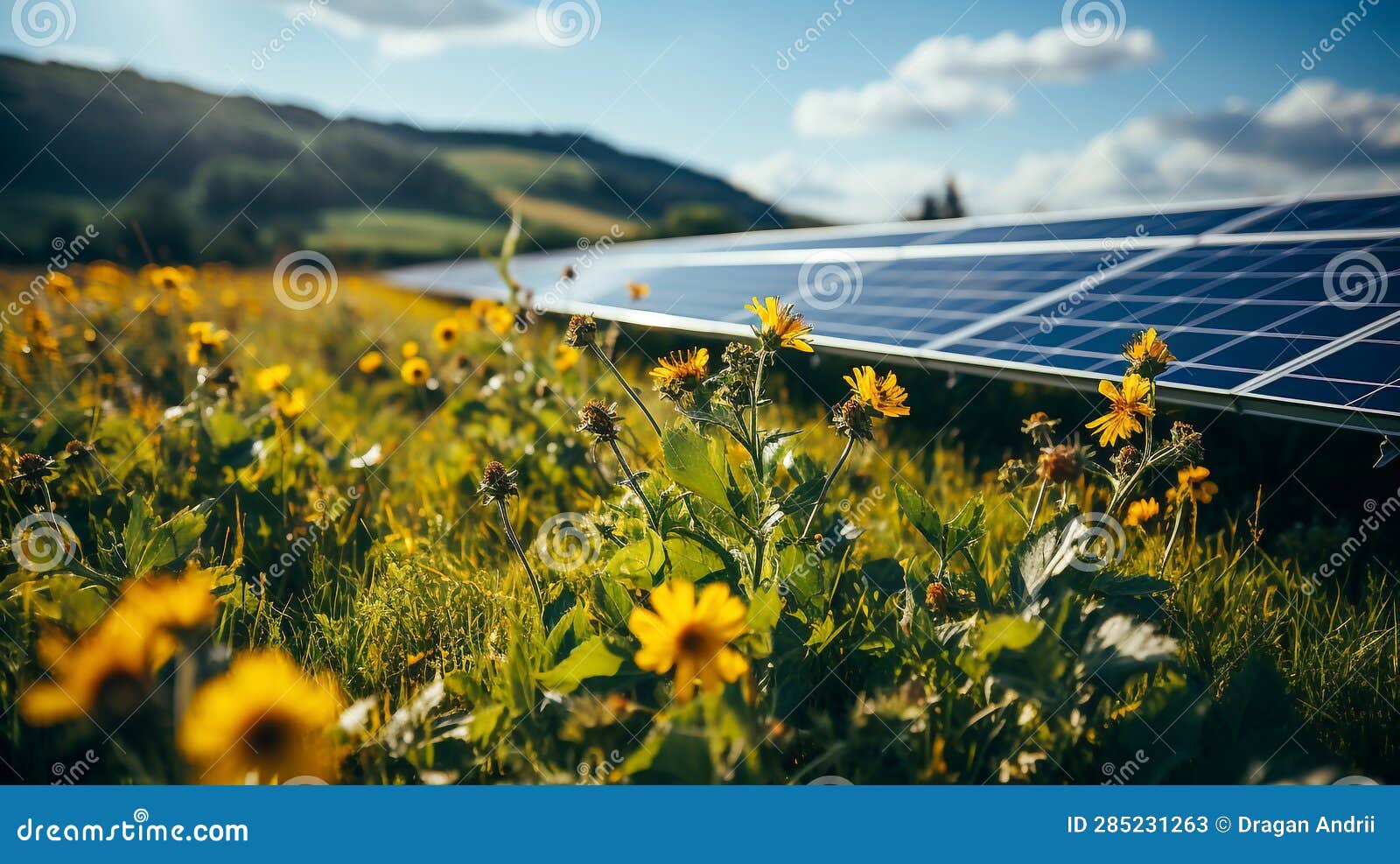 Solar Panels on a Field with Green Grass and Flowers. Generative AI ...