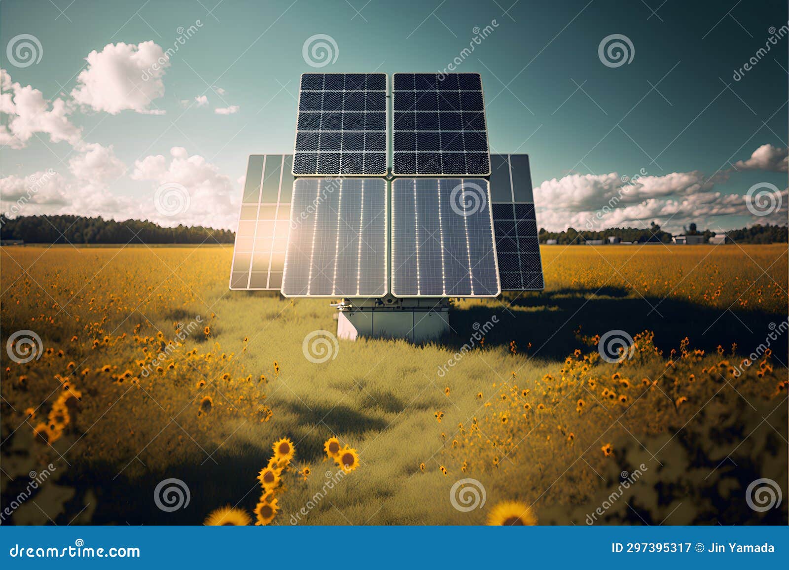Solar Panels on the Field with Sunflowers. 3d Render Stock Illustration ...