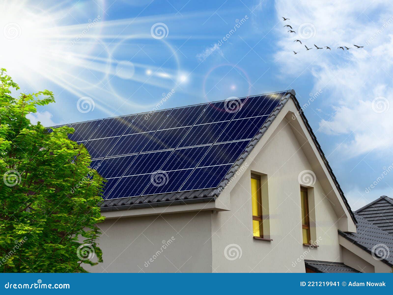 Solar Panels on the Gable Roof of a Modern Home Stock Image - Image of ...
