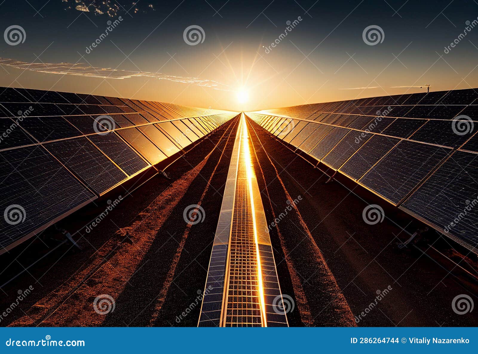 Solar Panels Generate Electricity at Sunset, You Can See the Reflection ...