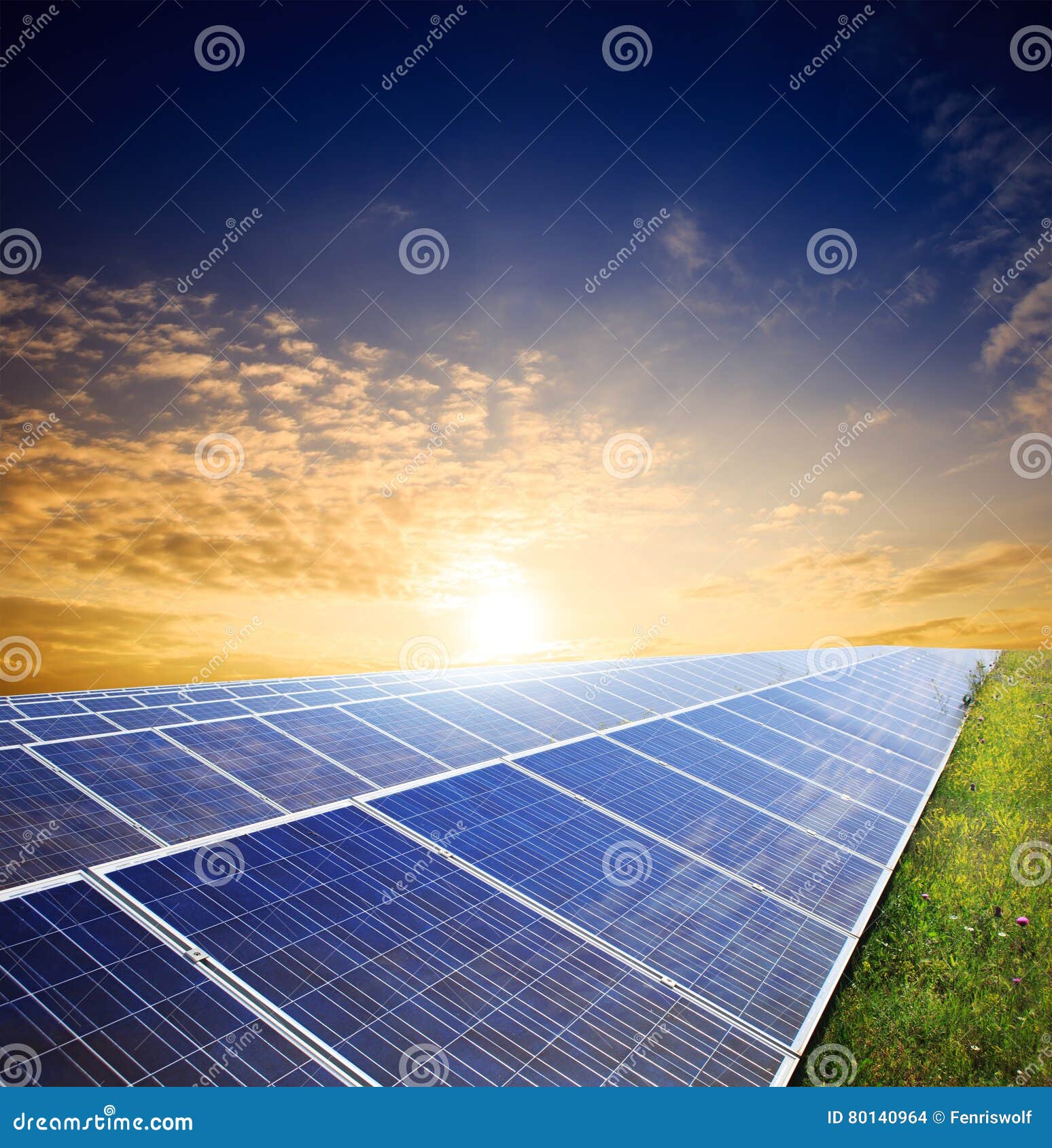 Solar Panels on Green Field Under Sunset Sky Stock Photo - Image of ...