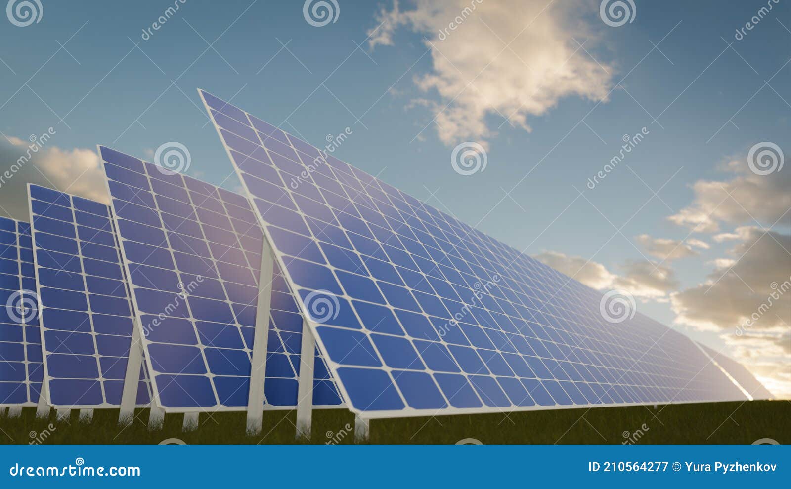 Solar Panels on the Green Fields Under Bright Sun 3d Rendering Stock ...