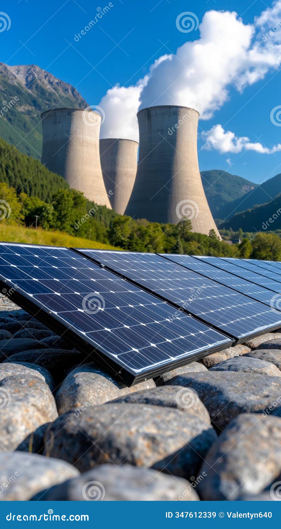 Solar Panels on the Ground in Front of a Nuclear Power Plant Stock ...
