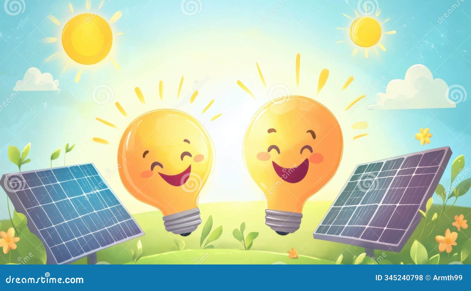 Solar Panels and Happy Light Bulbs on the Meadow. Vector Illustration ...