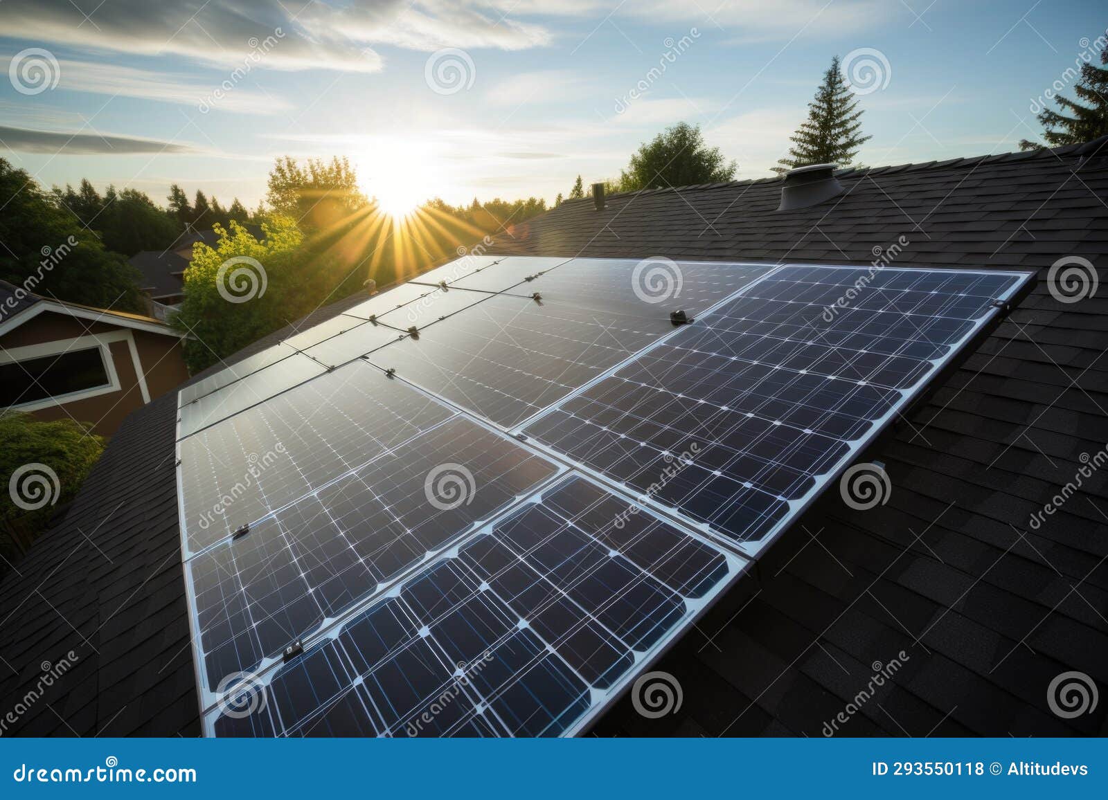 Solar Panels on a House Roof Reflecting Sun Rays Stock Illustration ...