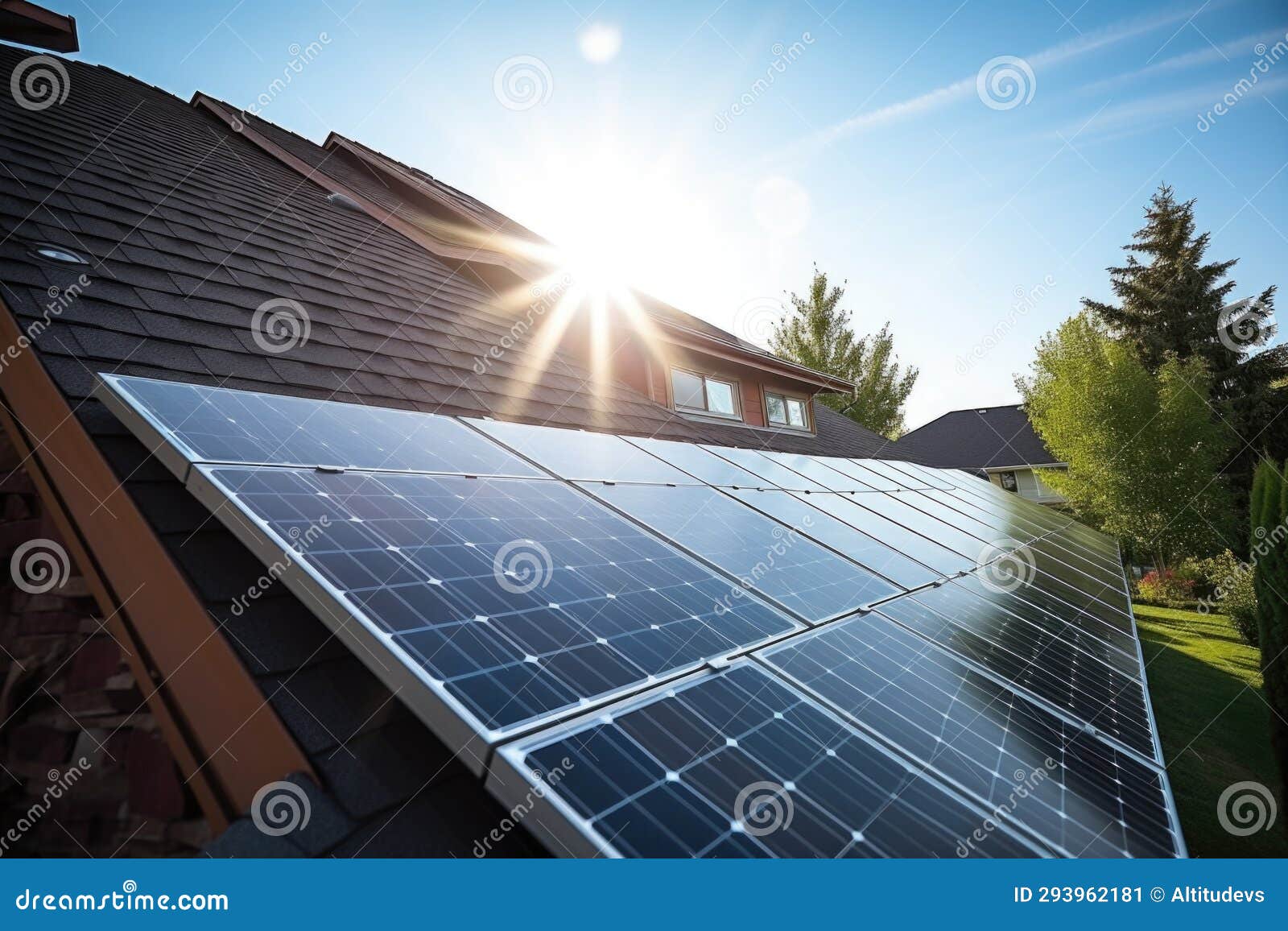 Solar Panels on a House Roof Reflecting Sun Rays Stock Image - Image of ...
