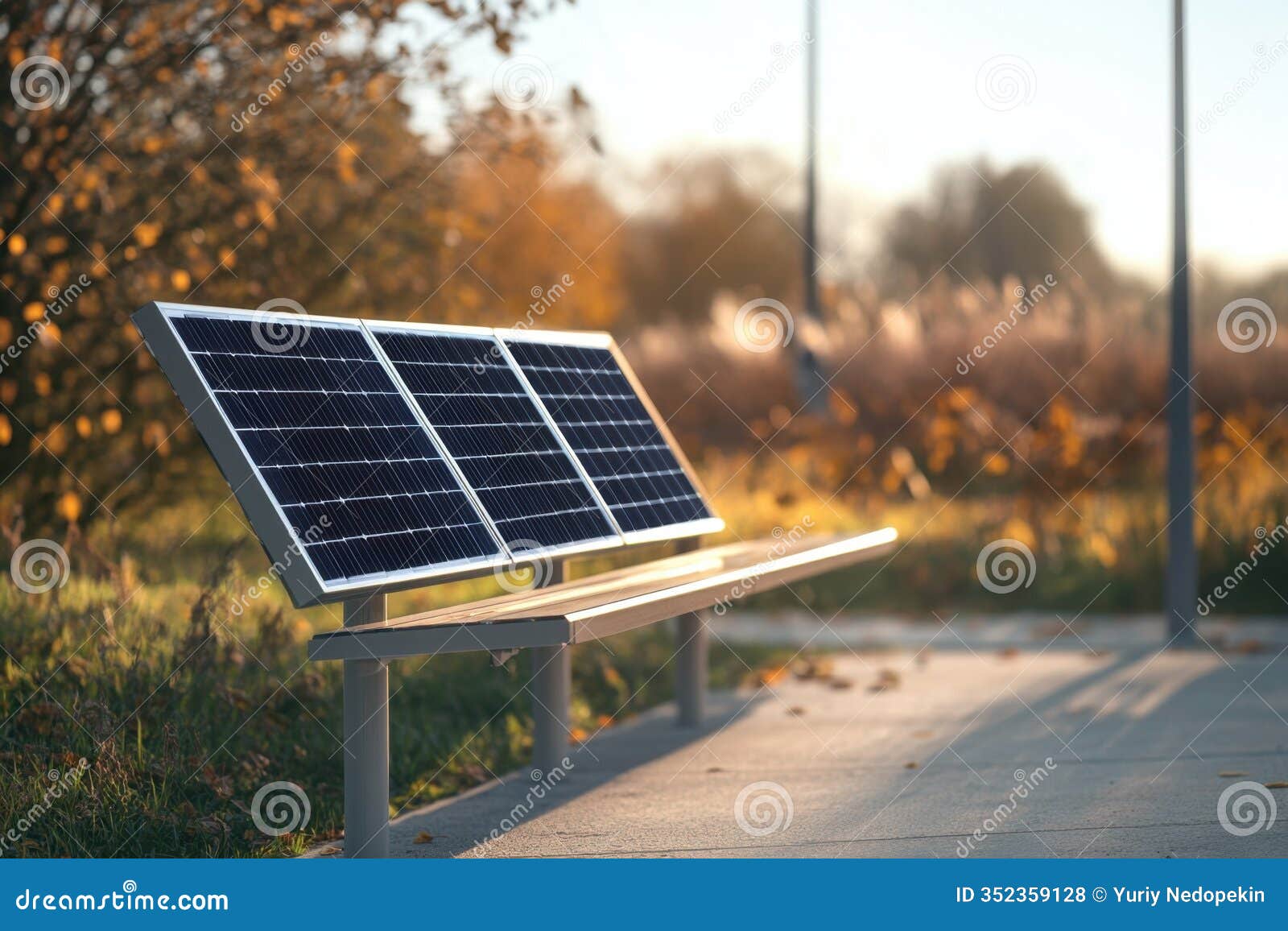 Solar Panels Installed Along a Pathway in a Natural Setting at Sunset ...