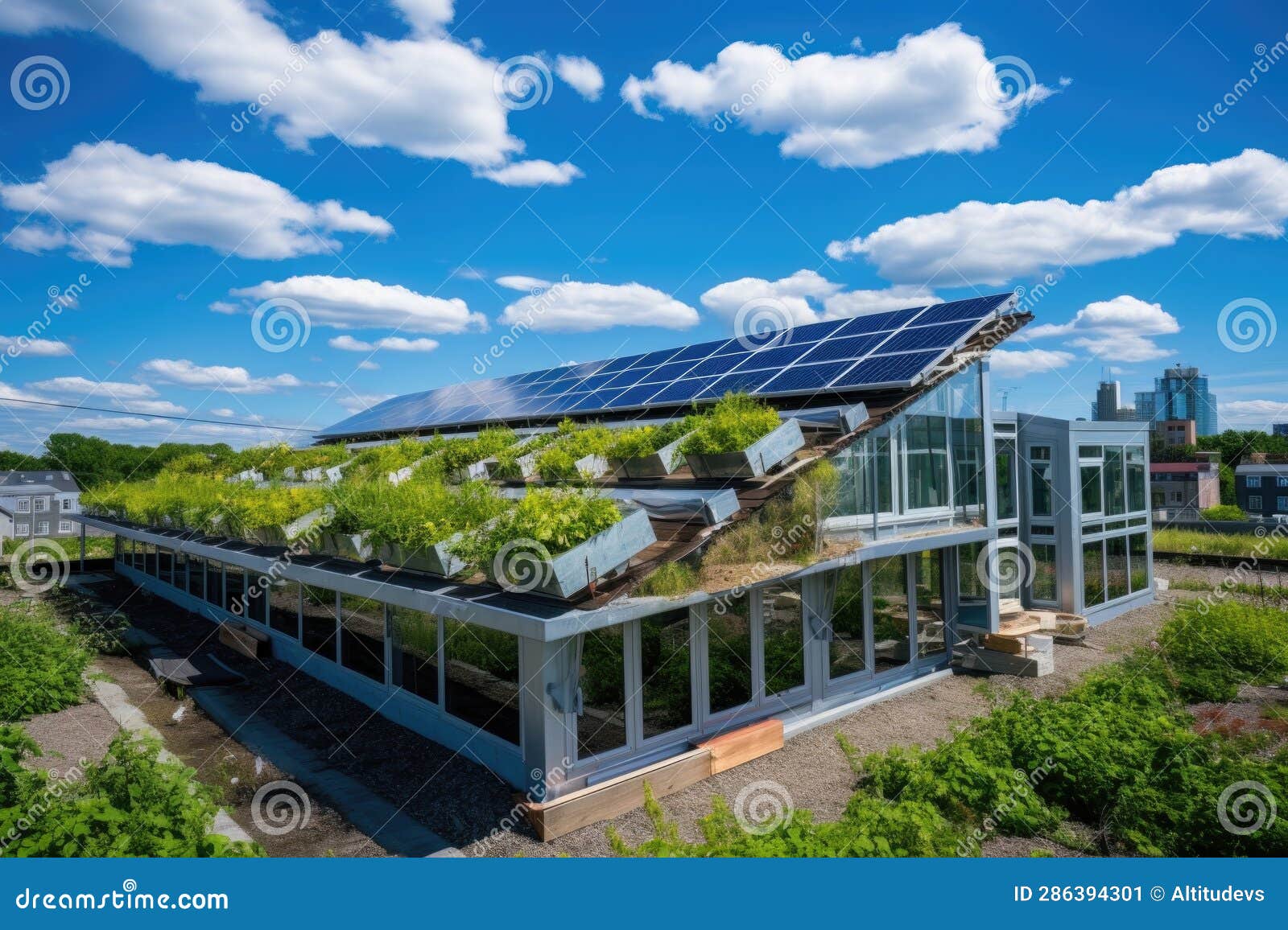Solar Panels Installed on a Green Rooftop Stock Image - Image of solar ...