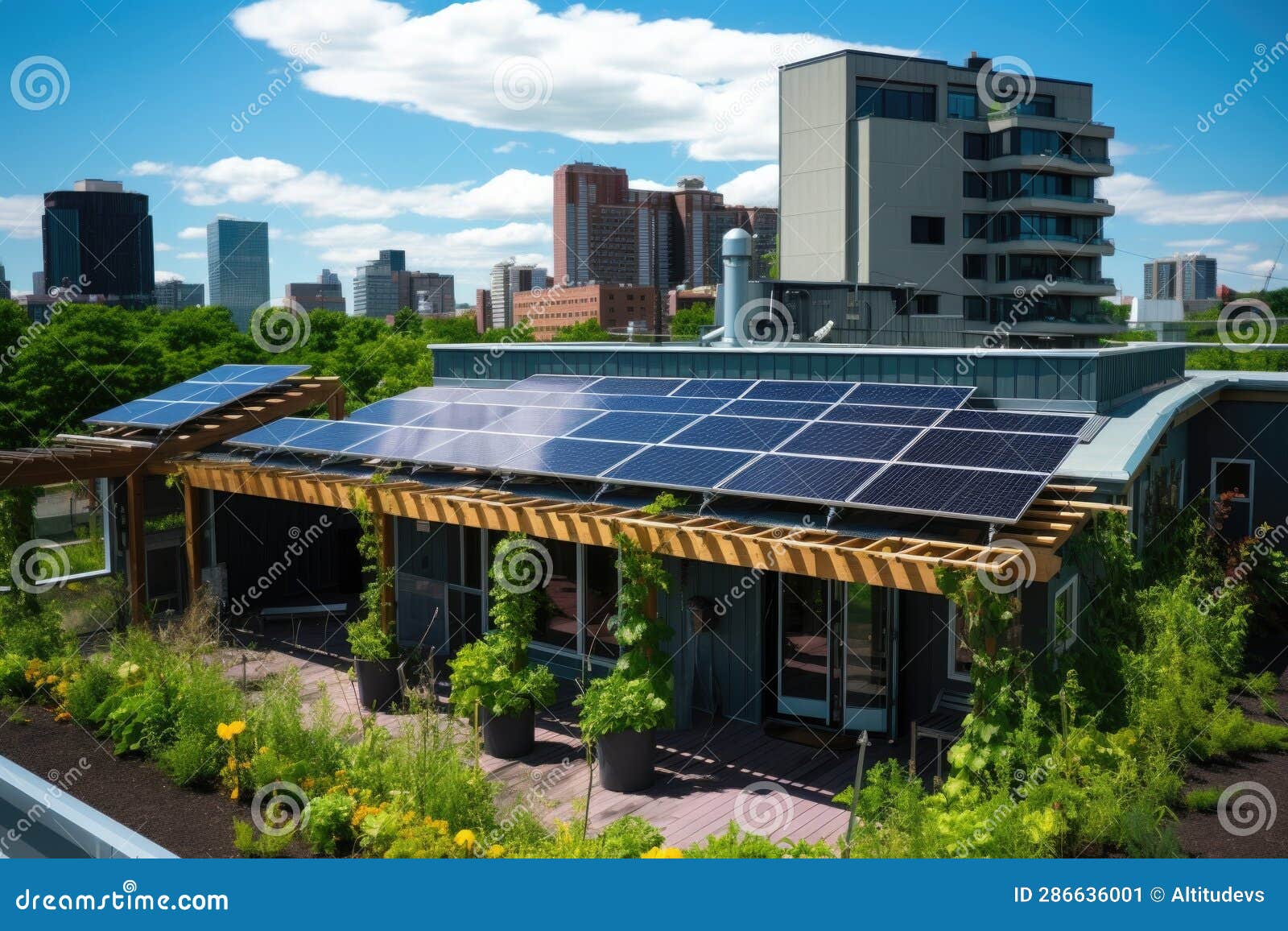 Solar Panels Installed on a Green Rooftop Stock Image - Image of ...