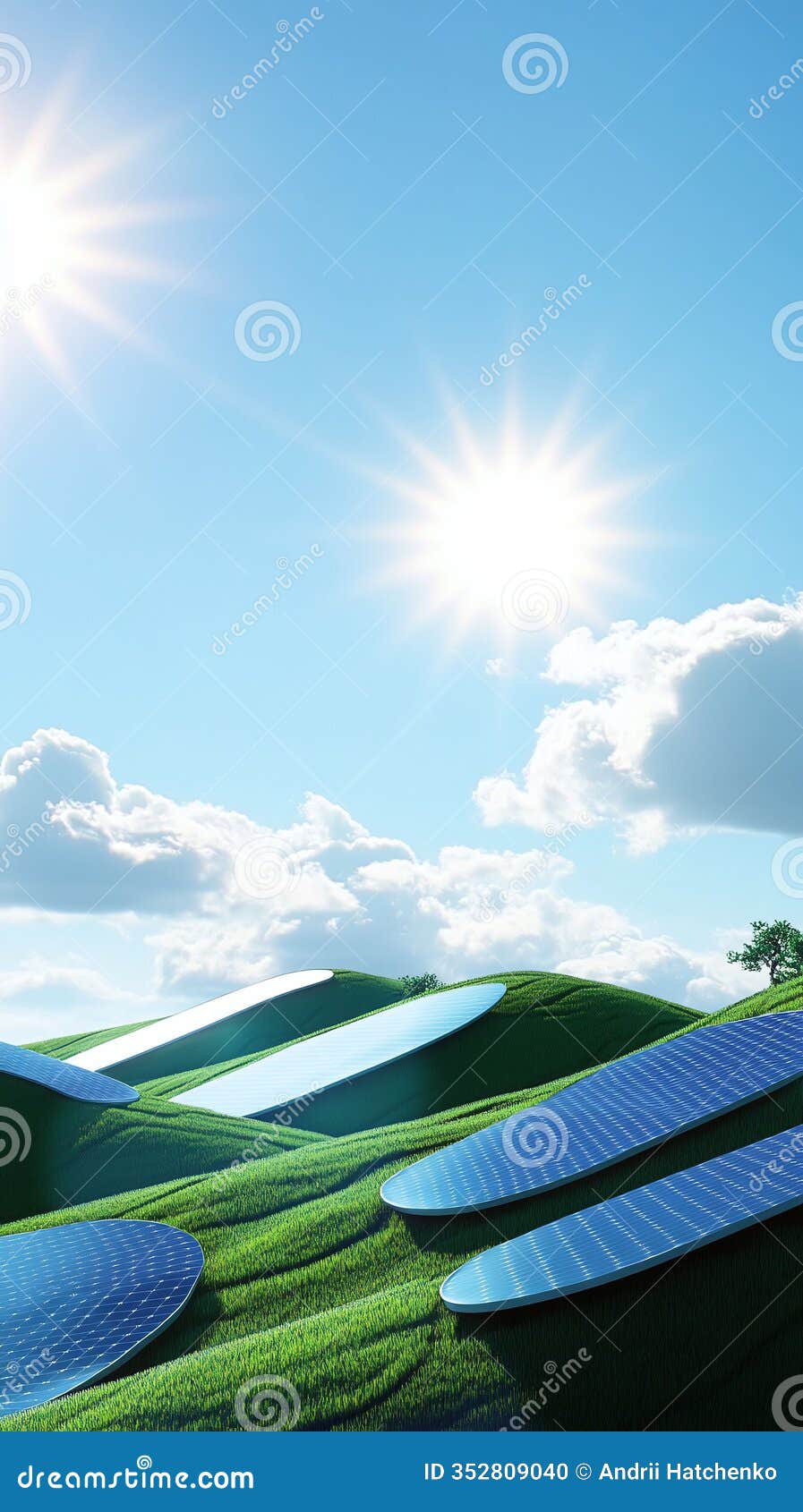 Solar Panels Installed on Rolling Hills Reflecting a Bright Midday Sun ...