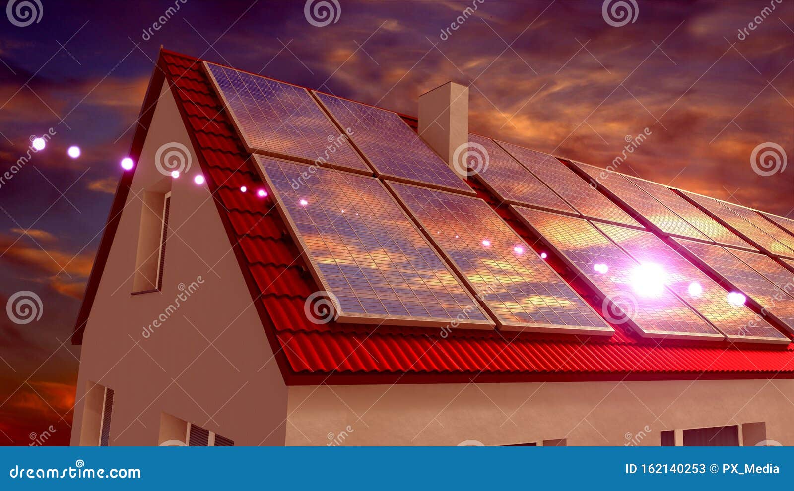 Solar Panels Installed on a Roof, Sunset Sky. 3D Rendering Stock ...