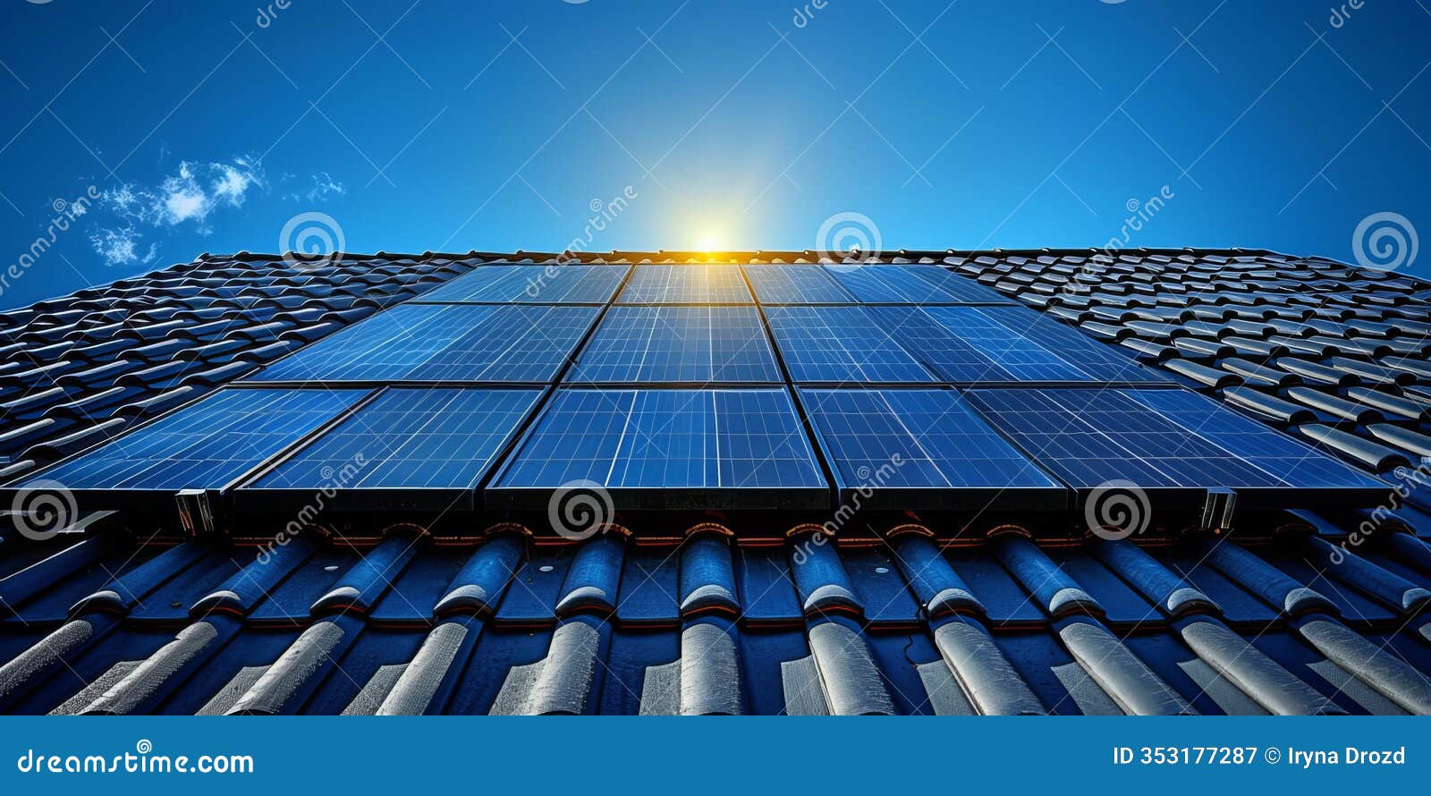 Solar Panels Installed on a Tiled Roof with Bright Sunlight and a Clear ...