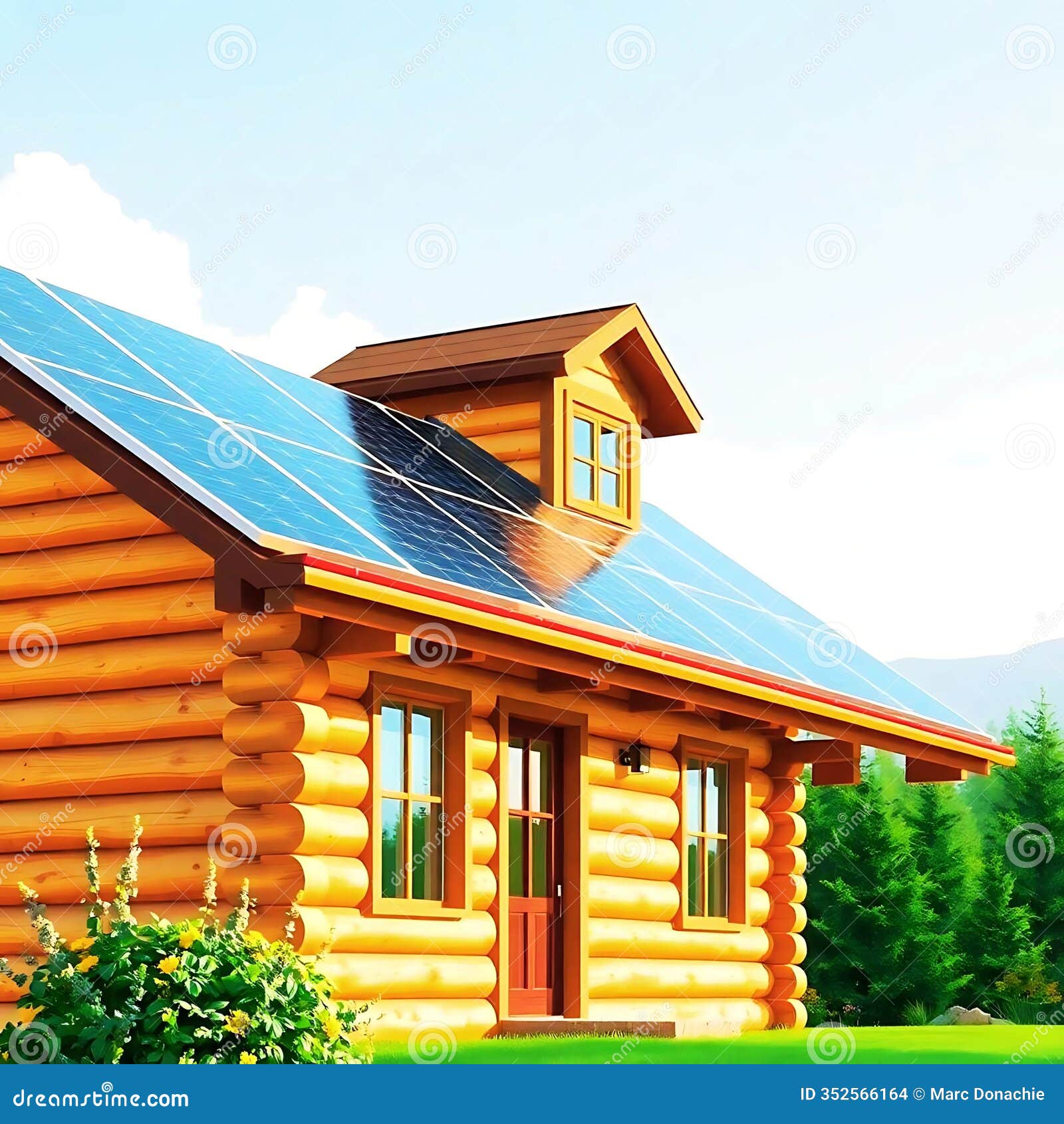 Solar Panels on a Log Cabin Sunny Illustration Stock Illustration ...