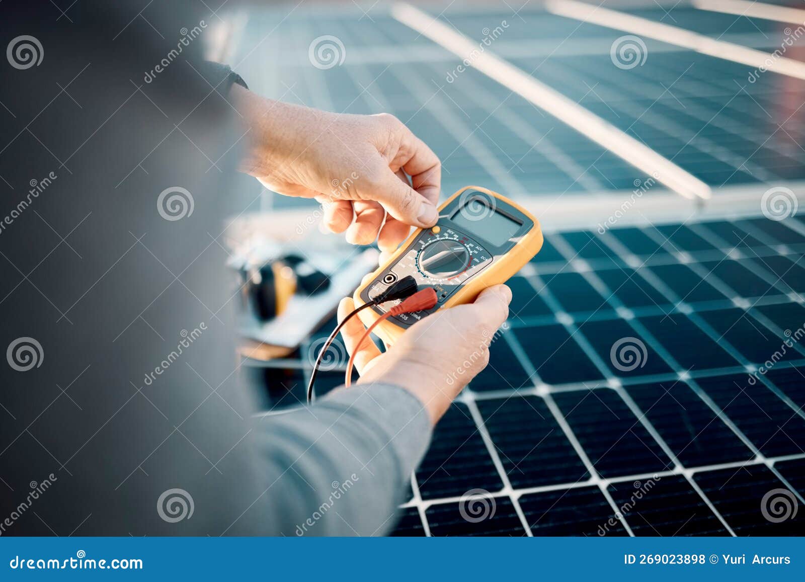 Solar Panels, Multimeter and Engineering Hands for Voltage Check ...