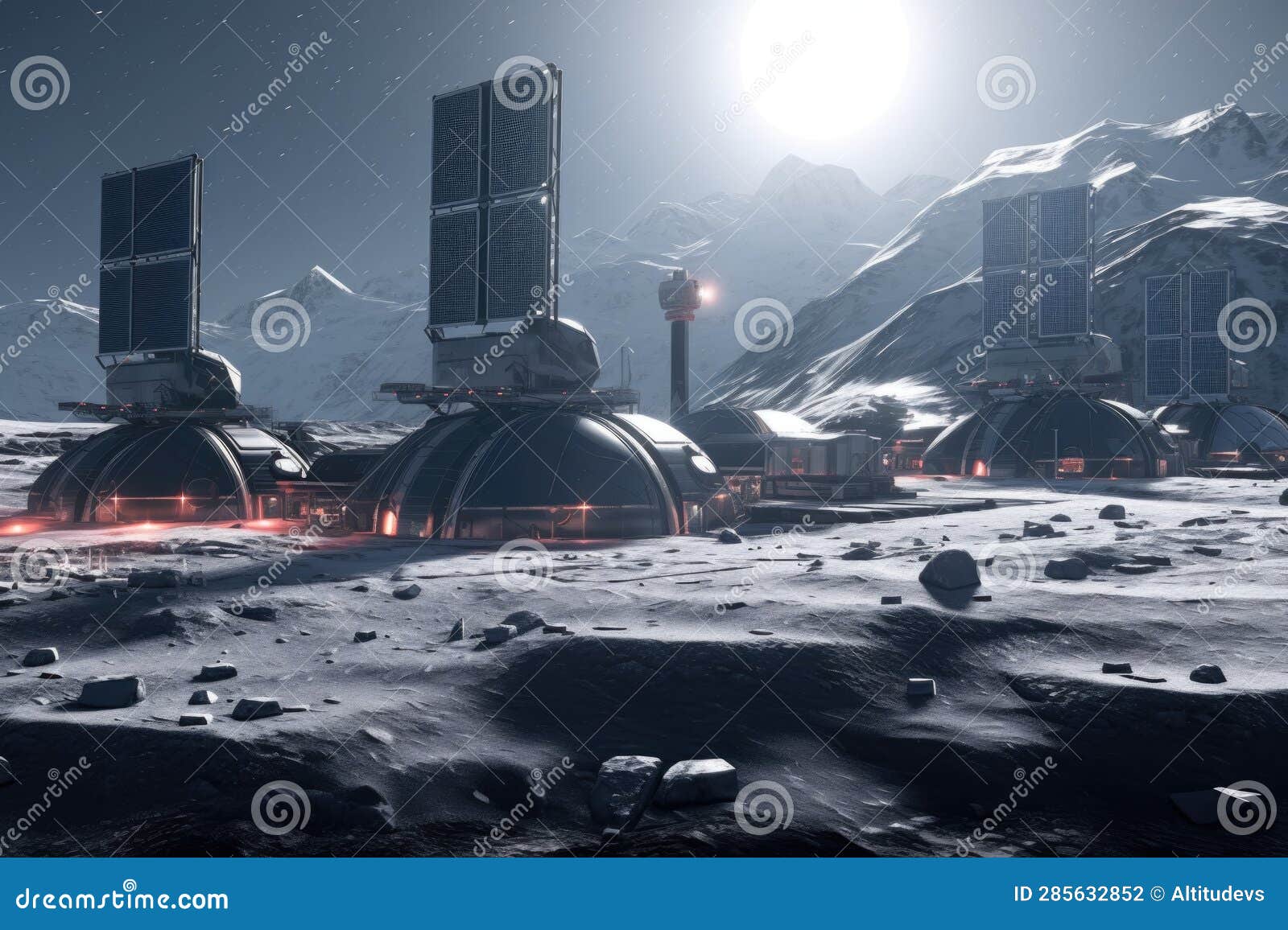 Solar Panels Powering a Lunar Base during the Lunar Day Stock Photo ...
