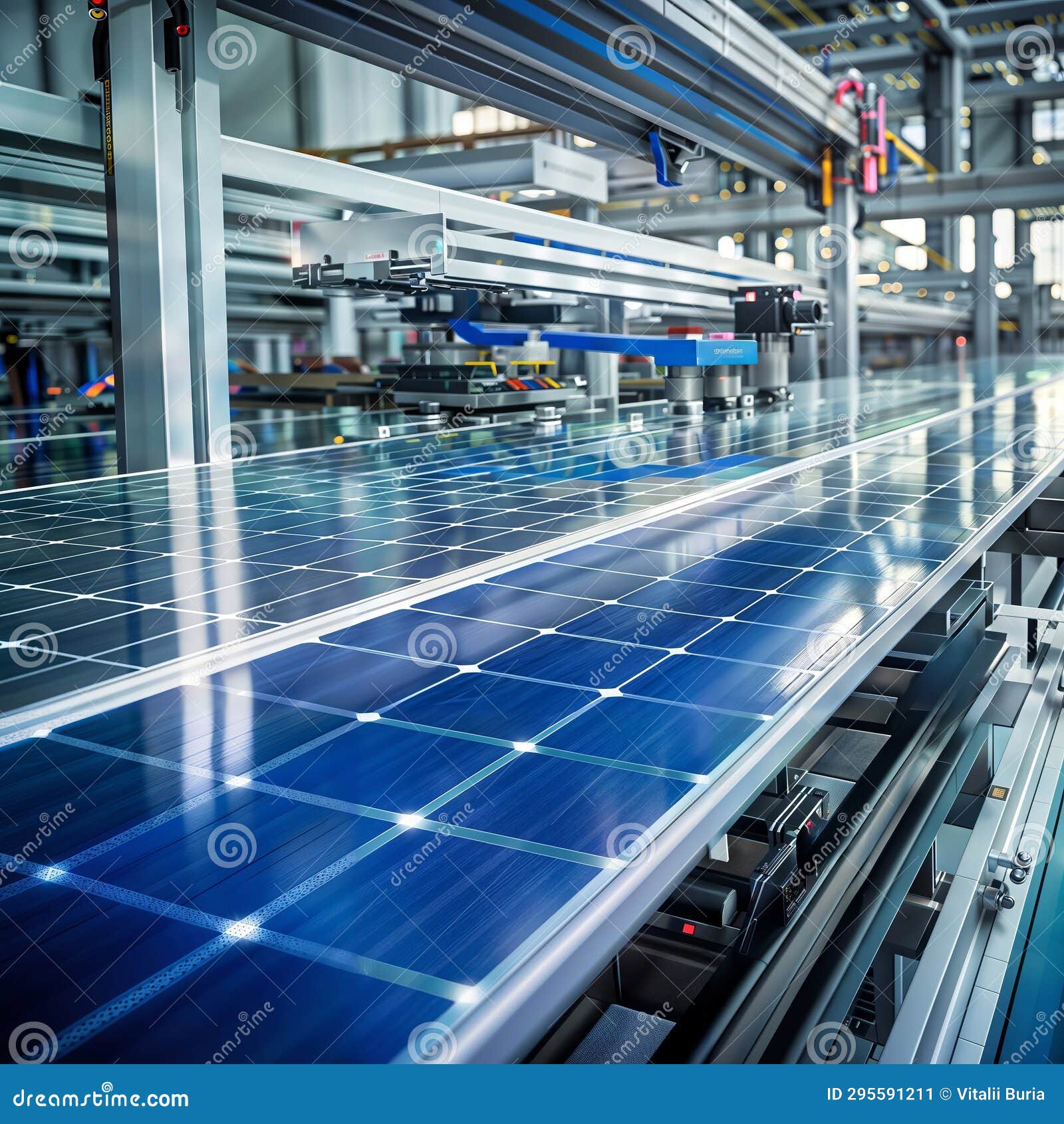 Solar Panels on the Production Line in a Modern Factory. 3d Rendering ...