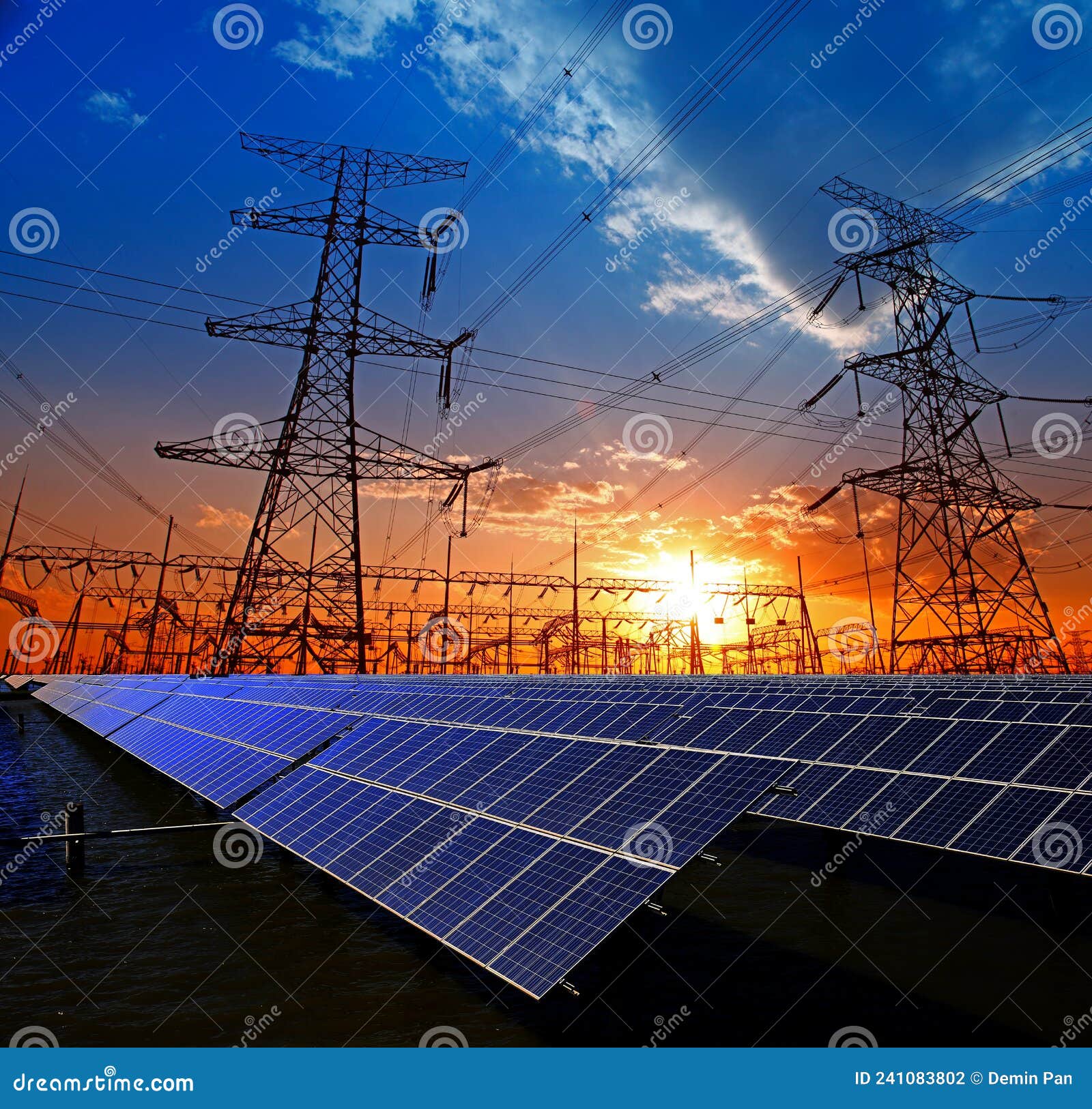Solar panels and pylon stock photo. Image of industrial - 241083802