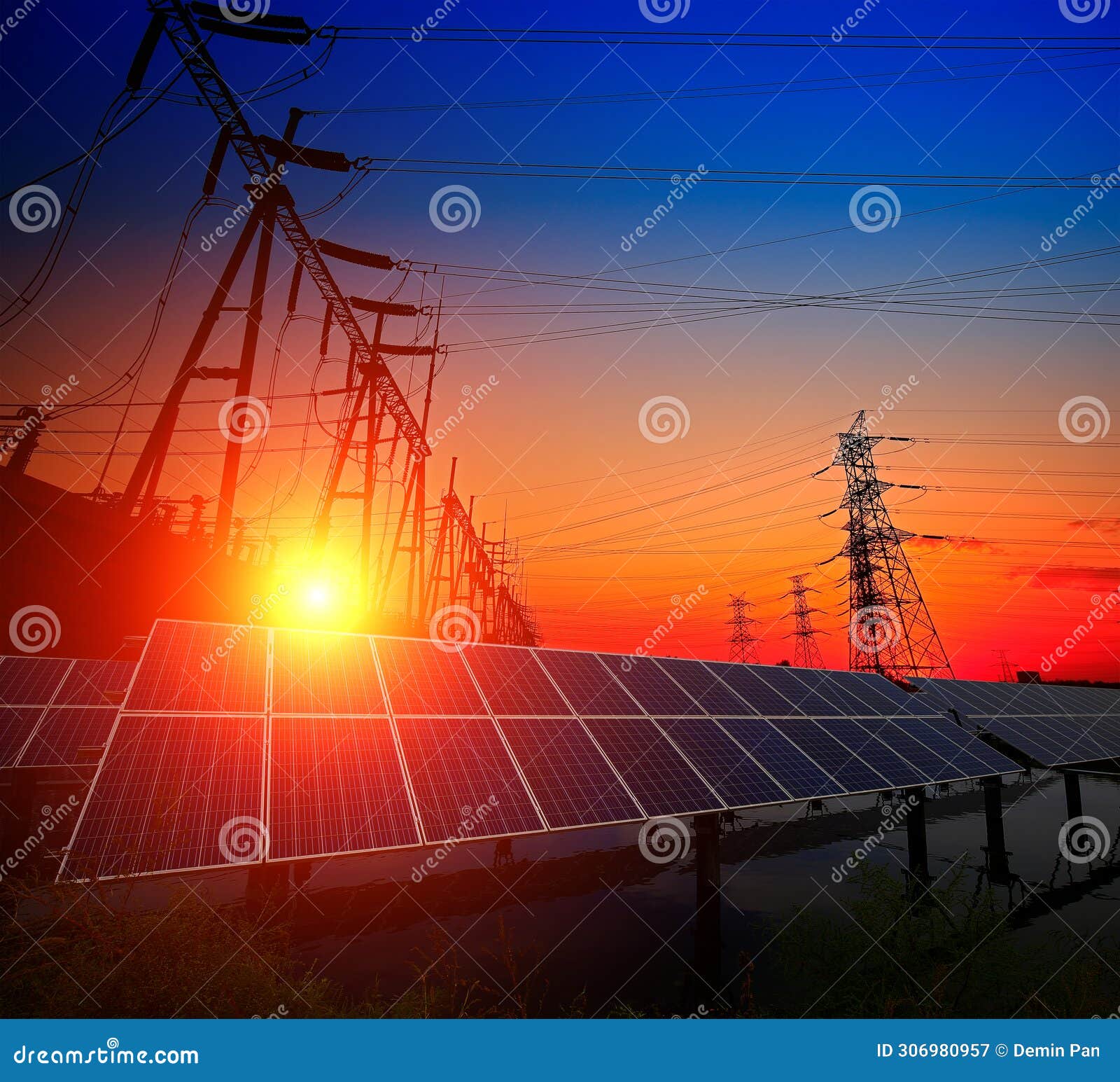 Solar panels and pylon stock image. Image of pylon, industry - 306980957