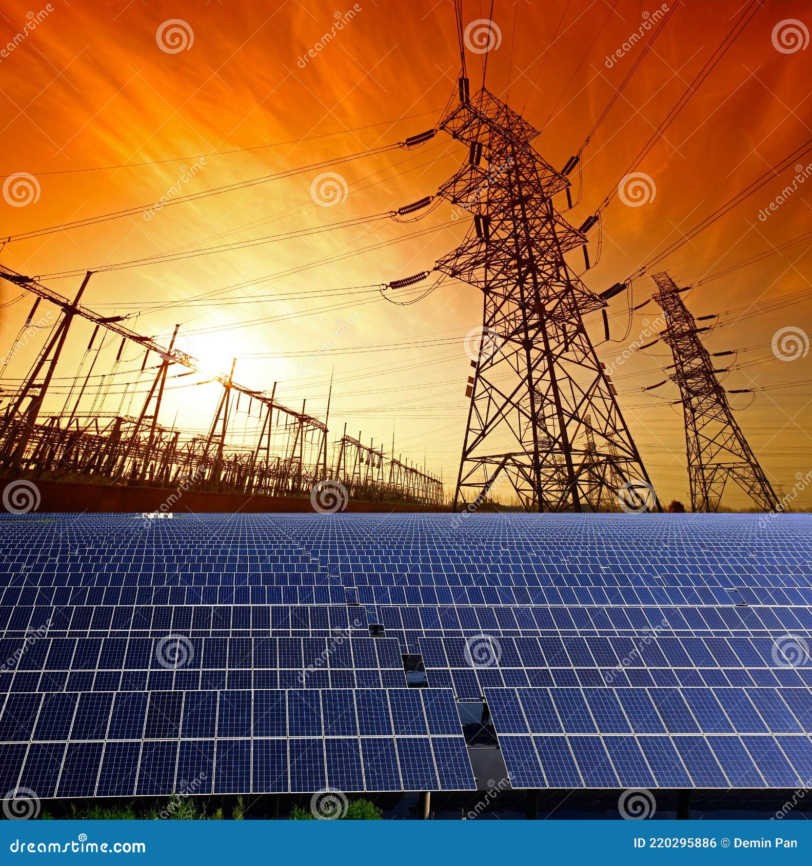 Solar panels and pylon stock photo. Image of panels - 220295886