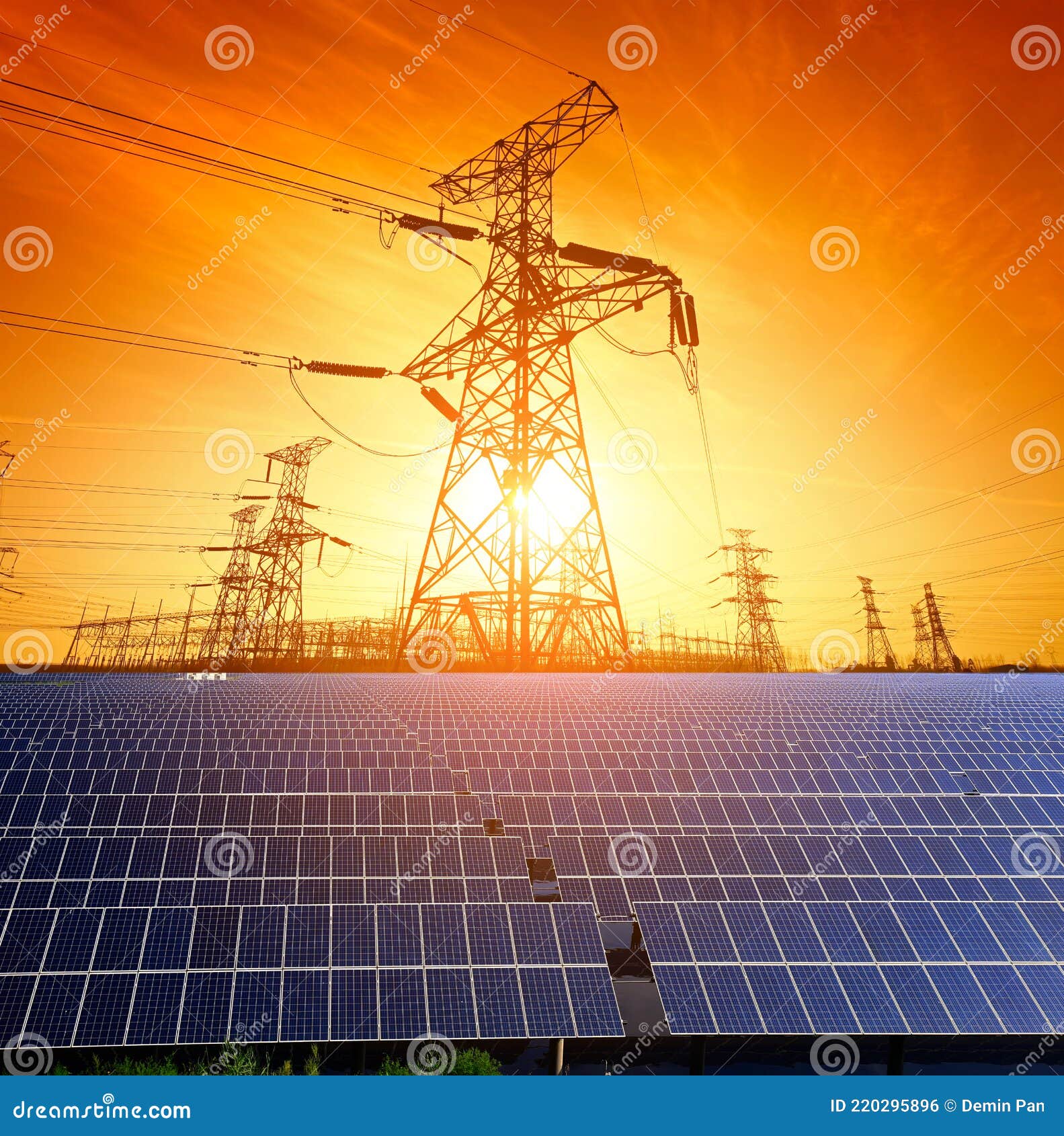 Solar panels and pylon stock photo. Image of grid, radiation - 220295896