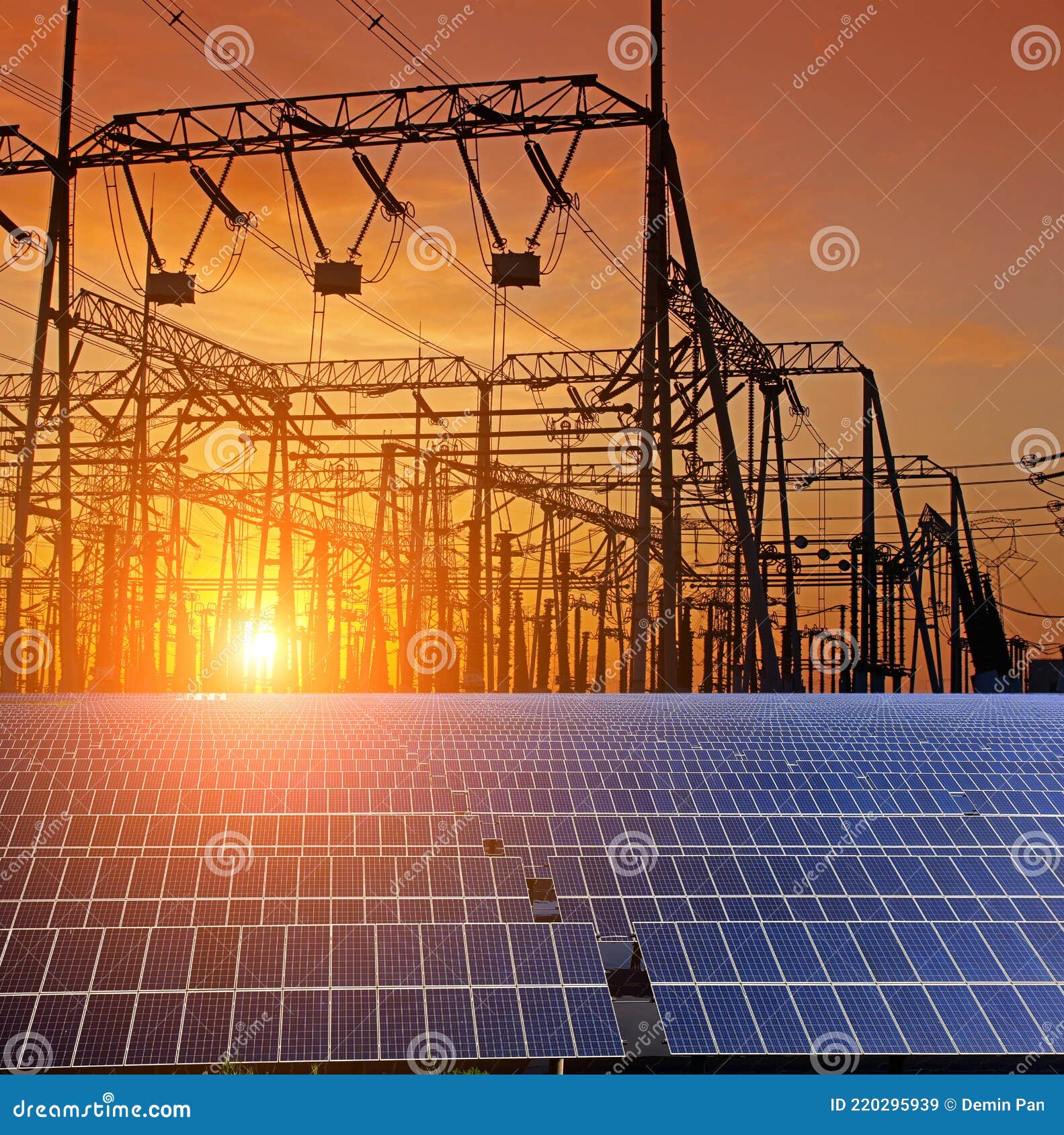 Solar panels and pylon stock image. Image of grid, technology - 220295939