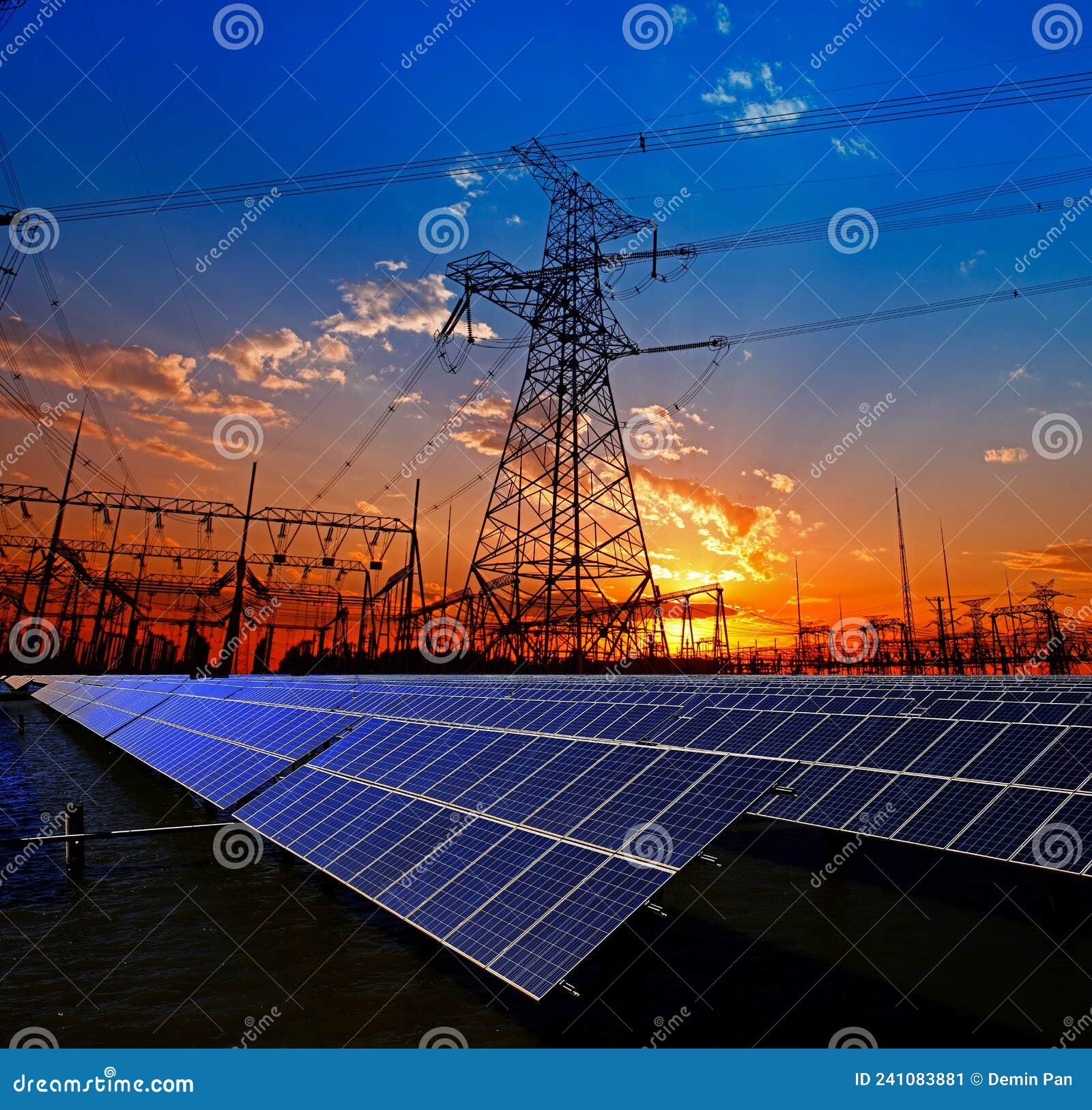 Solar panels and pylon stock image. Image of electrical - 241083881