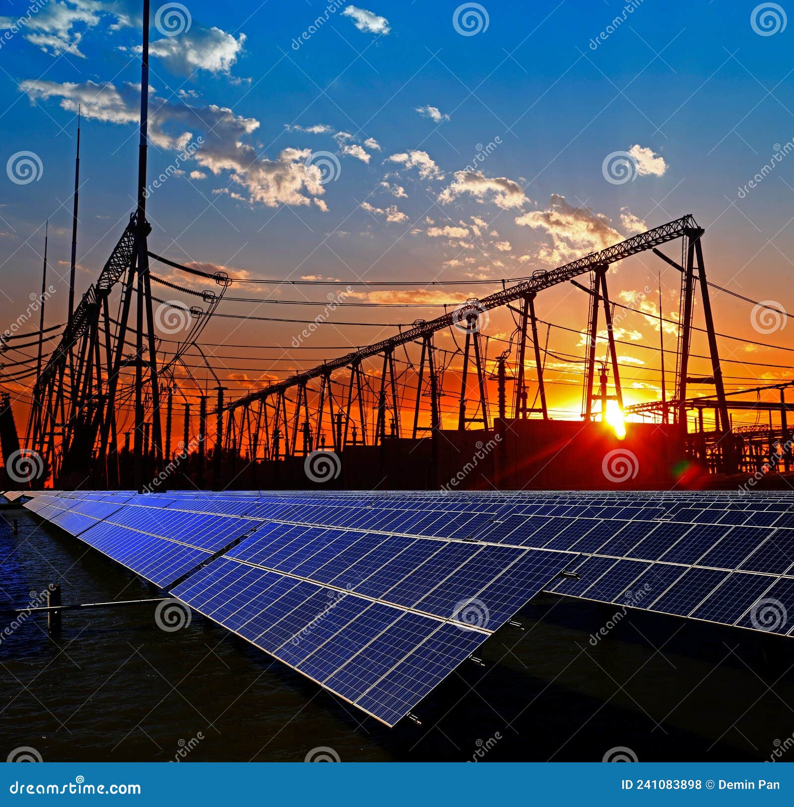 Solar panels and pylon stock photo. Image of power, metal - 241083898