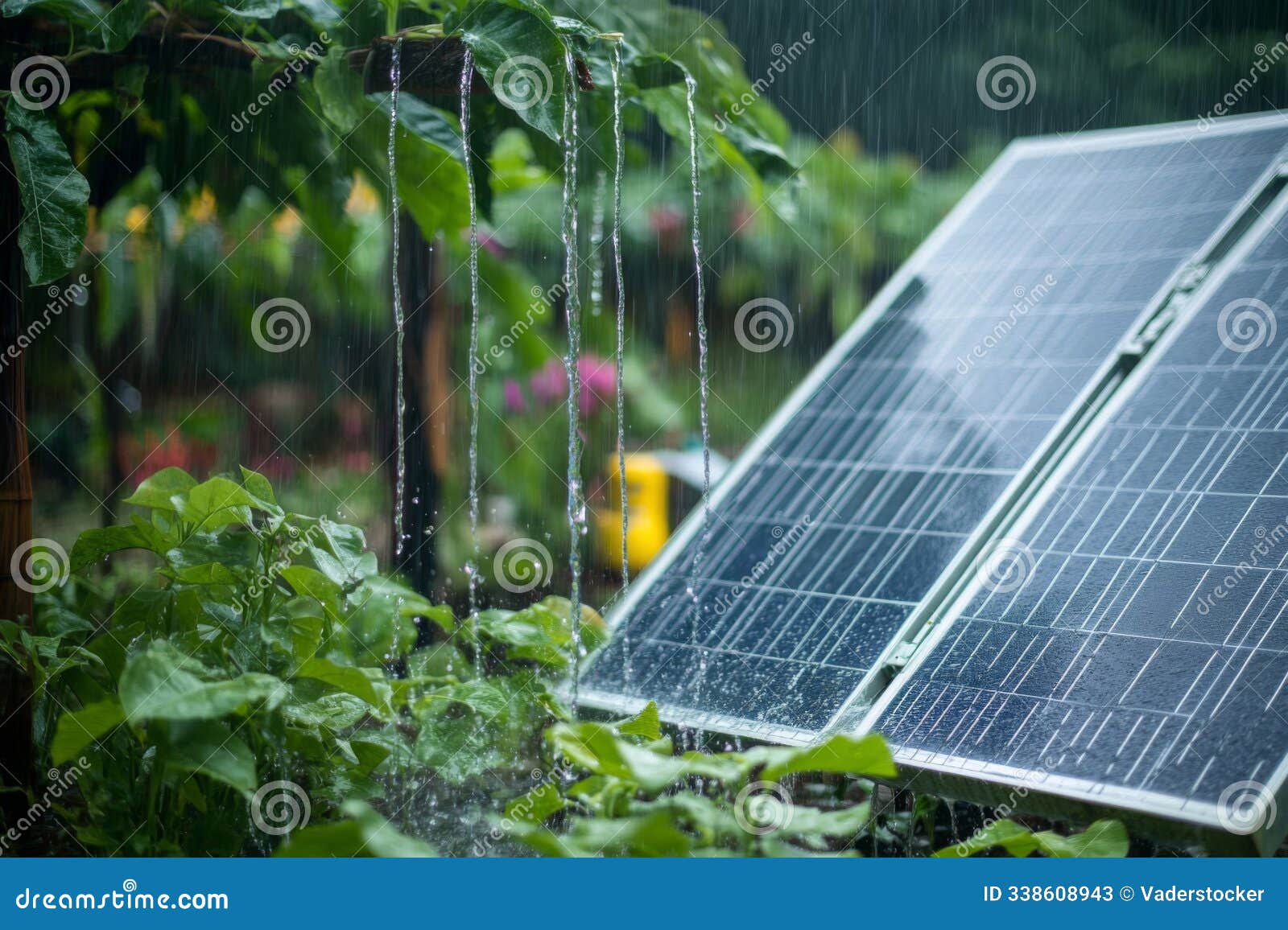 Solar Panels in a Rain-Drenched Garden Stock Illustration ...