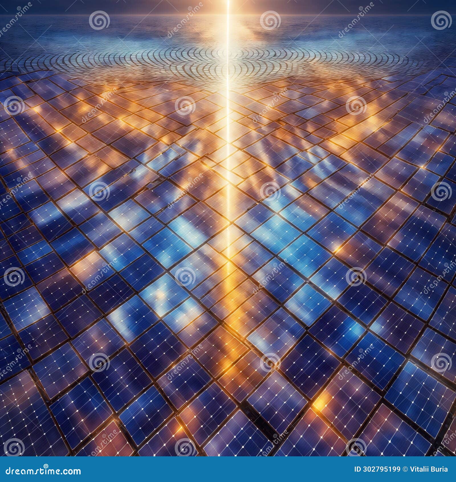 Solar Panels with Reflection on Water Surface. 3d Rendering and ...