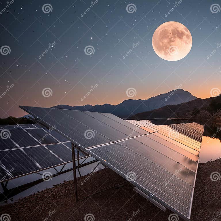 Solar Panels Reflecting Moonlight on a Mountain Lake. Generative AI ...