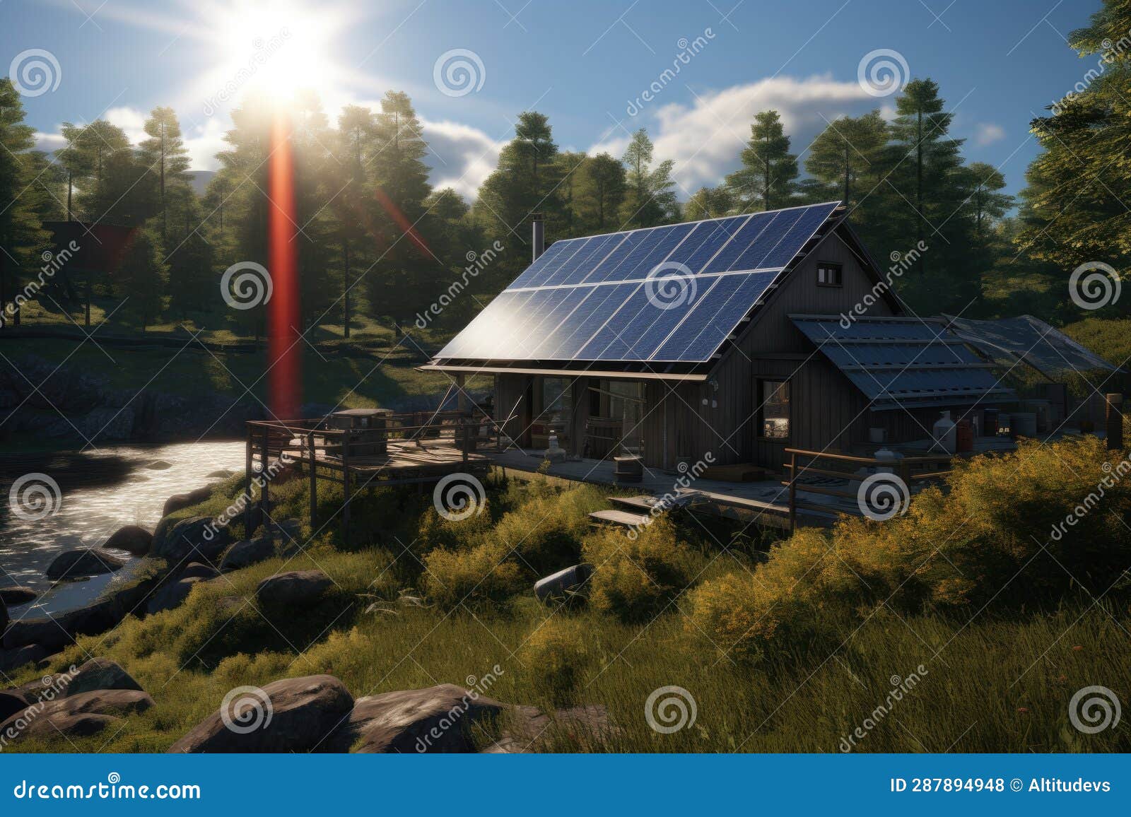 Solar Panels on a Remote Cabin Surrounded by Nature Stock Illustration ...