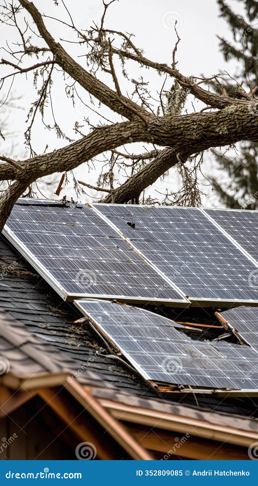 Solar Panels on a Rooftop Destroyed by Falling Tree Branches during a ...